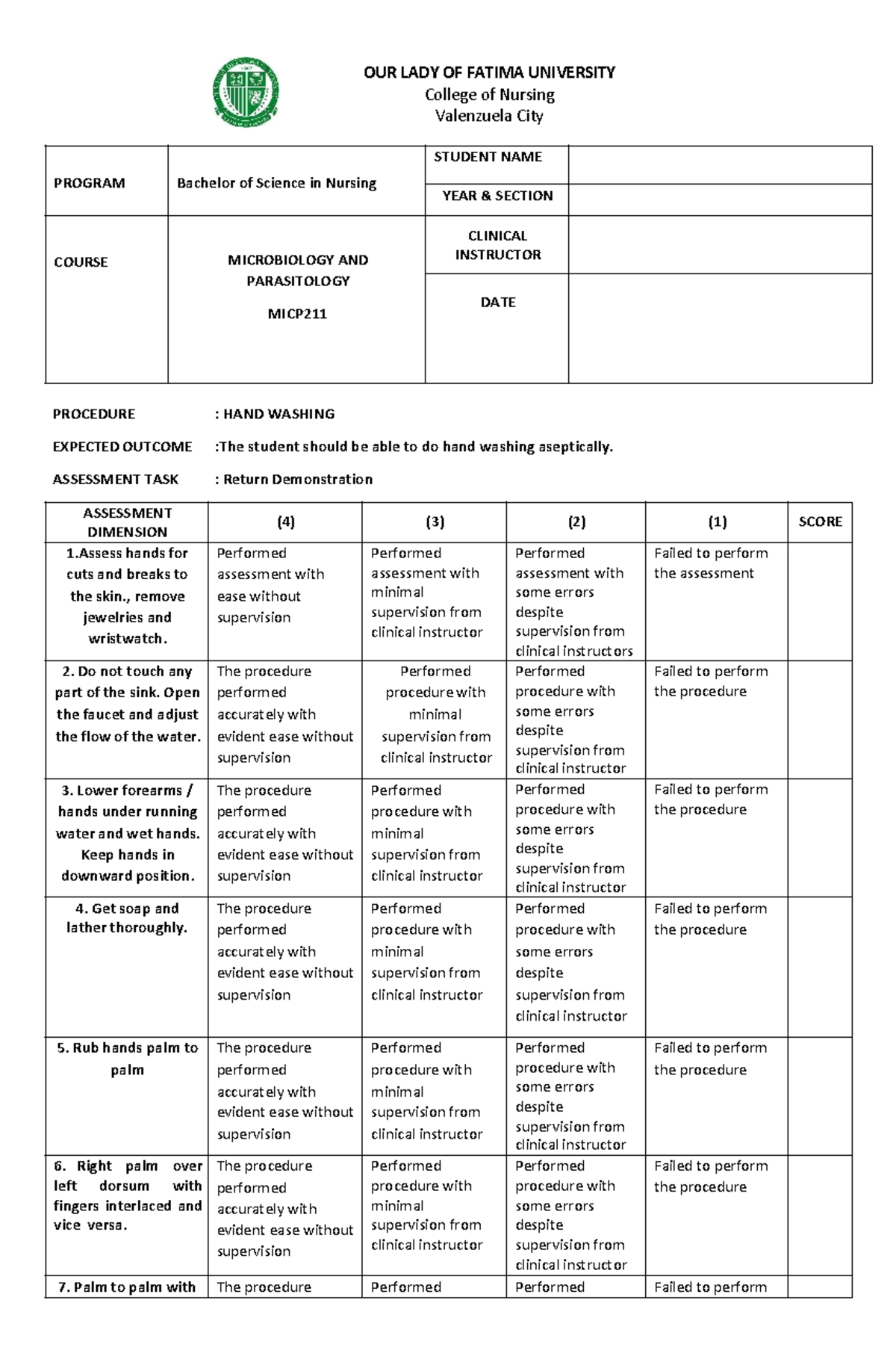 MICP Lab Wk 3 Rubrics Medical Handwashing olfu bsn - OUR LADY OF FATIMA ...