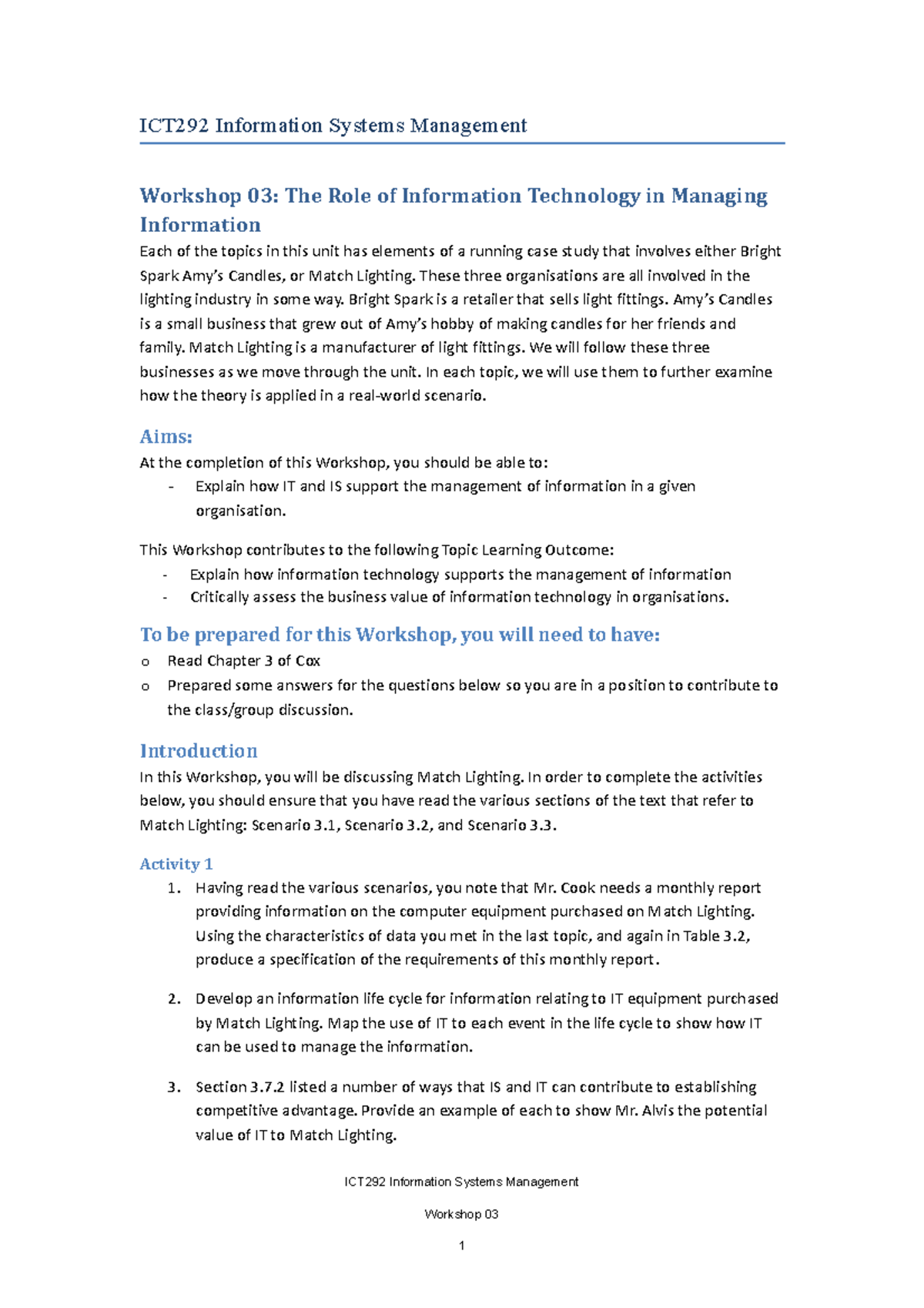 WS03 S2 2022 - awfa - ICT292 Information Systems Management Workshop 03 ...