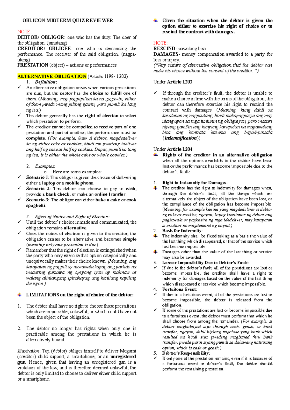 Oblicon Midterm QUIZ REV - OBLICON MIDTERM QUIZ REVIEWER NOTE: DEBTOR ...