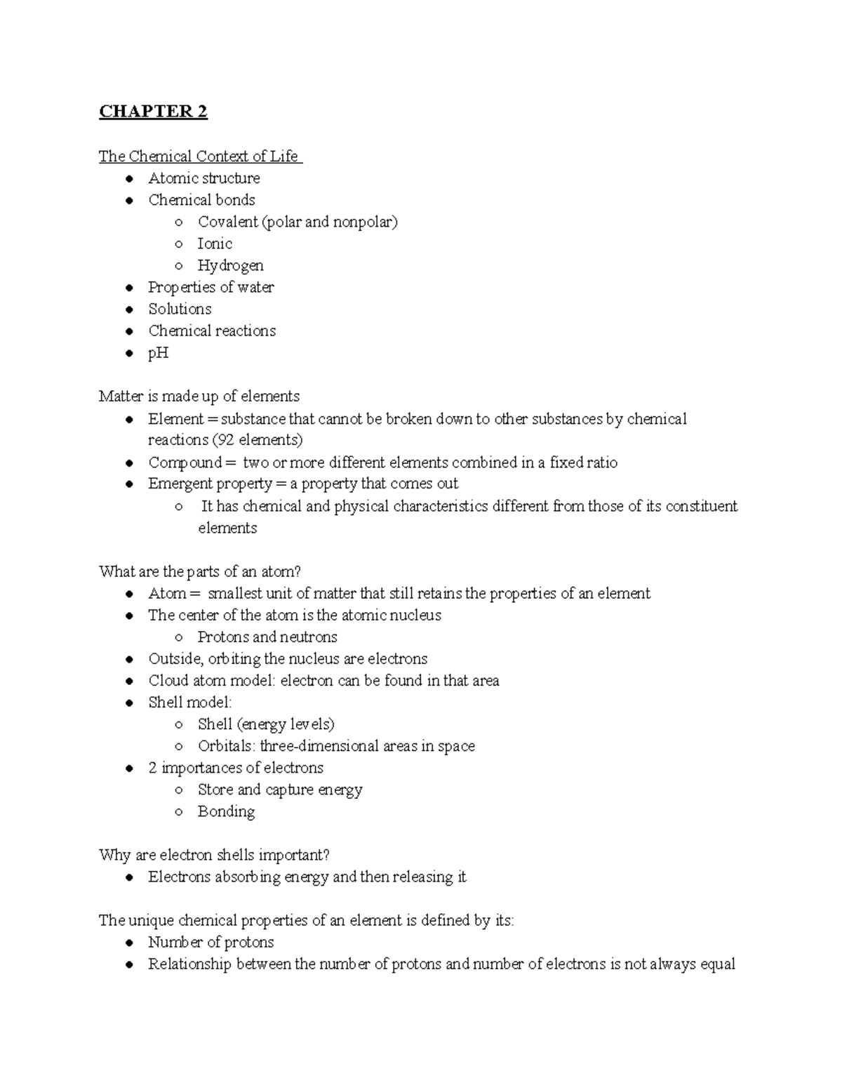 Bioscience I - Lecture notes 1-15 - CHAPTER 2 The Chemical Context of ...