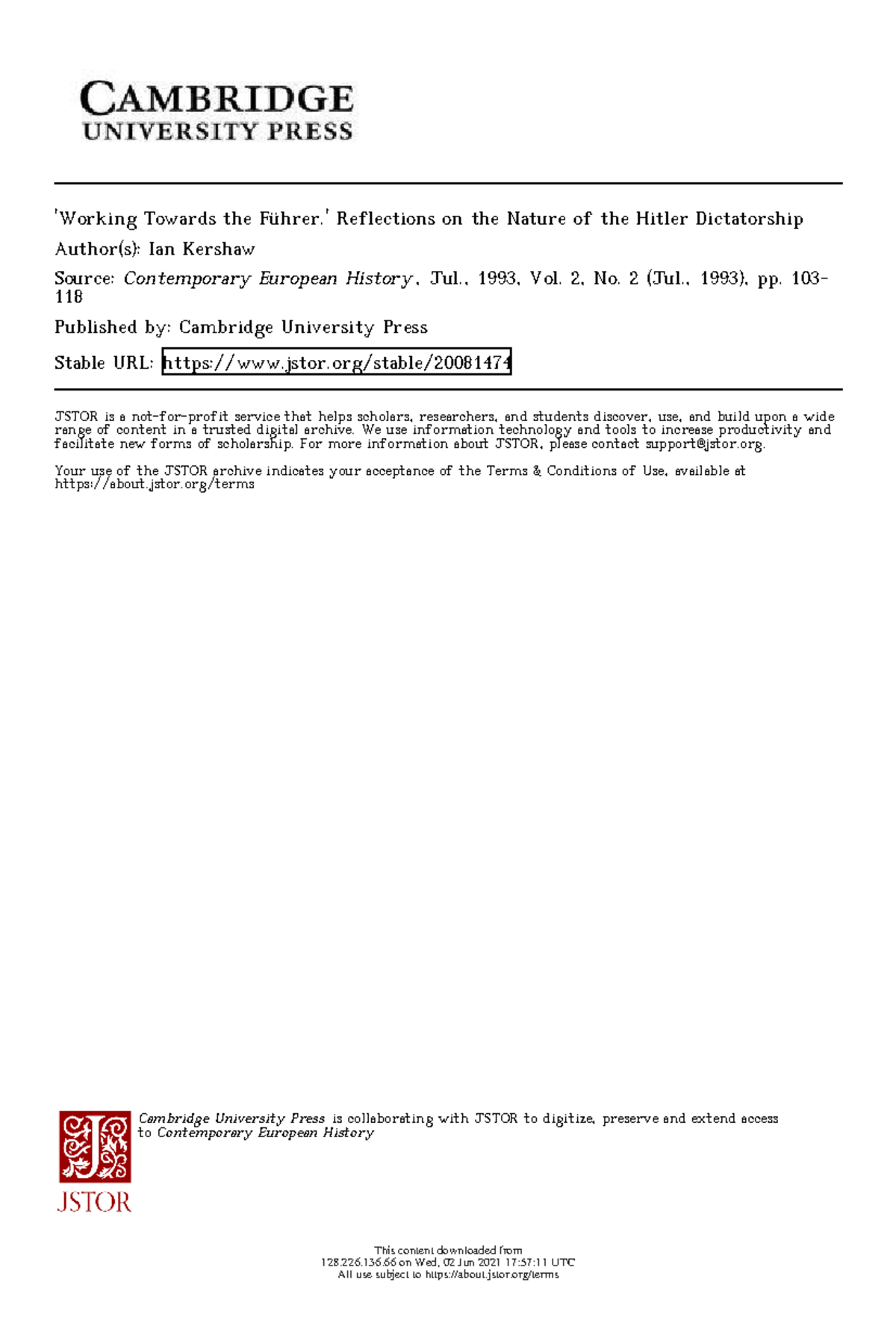 'Working Towards the Fuhrer - ' Reflections on the Nature of the Hitler ...