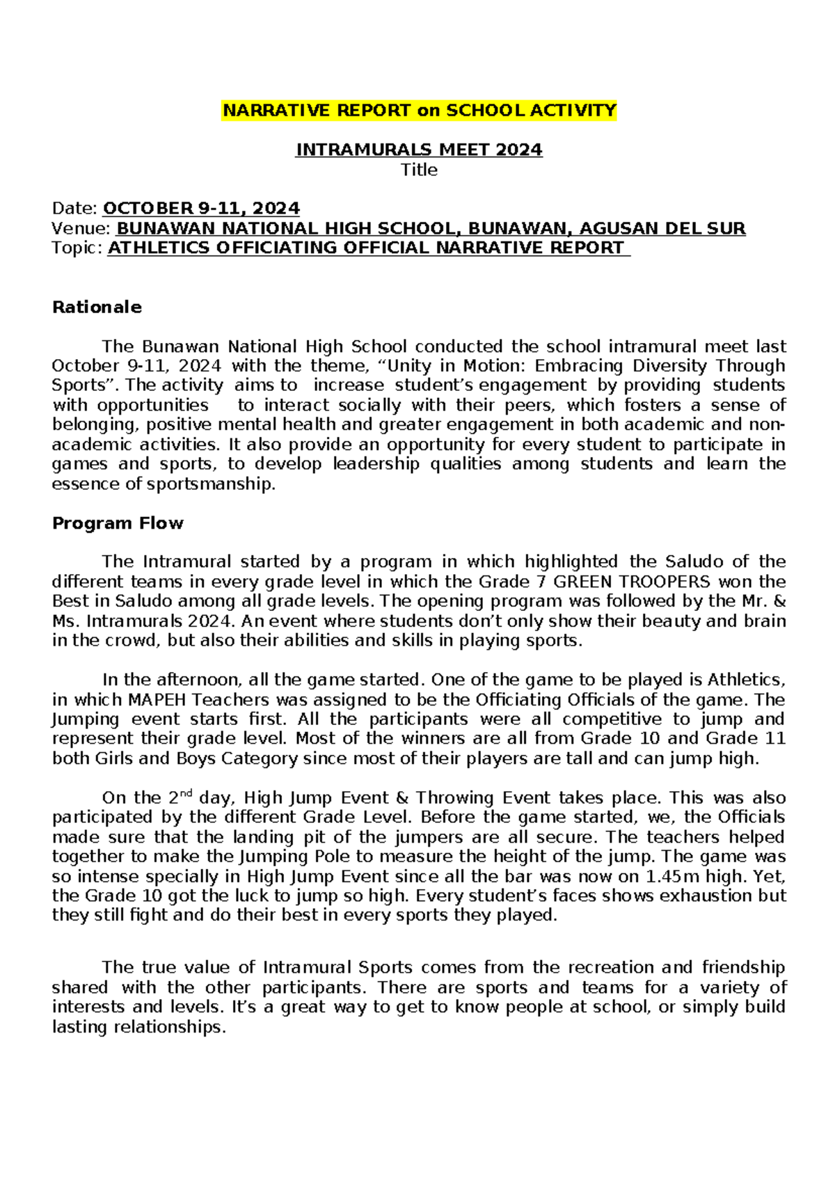 Narrative Report on School Activity - NARRATIVE REPORT on SCHOOL ...