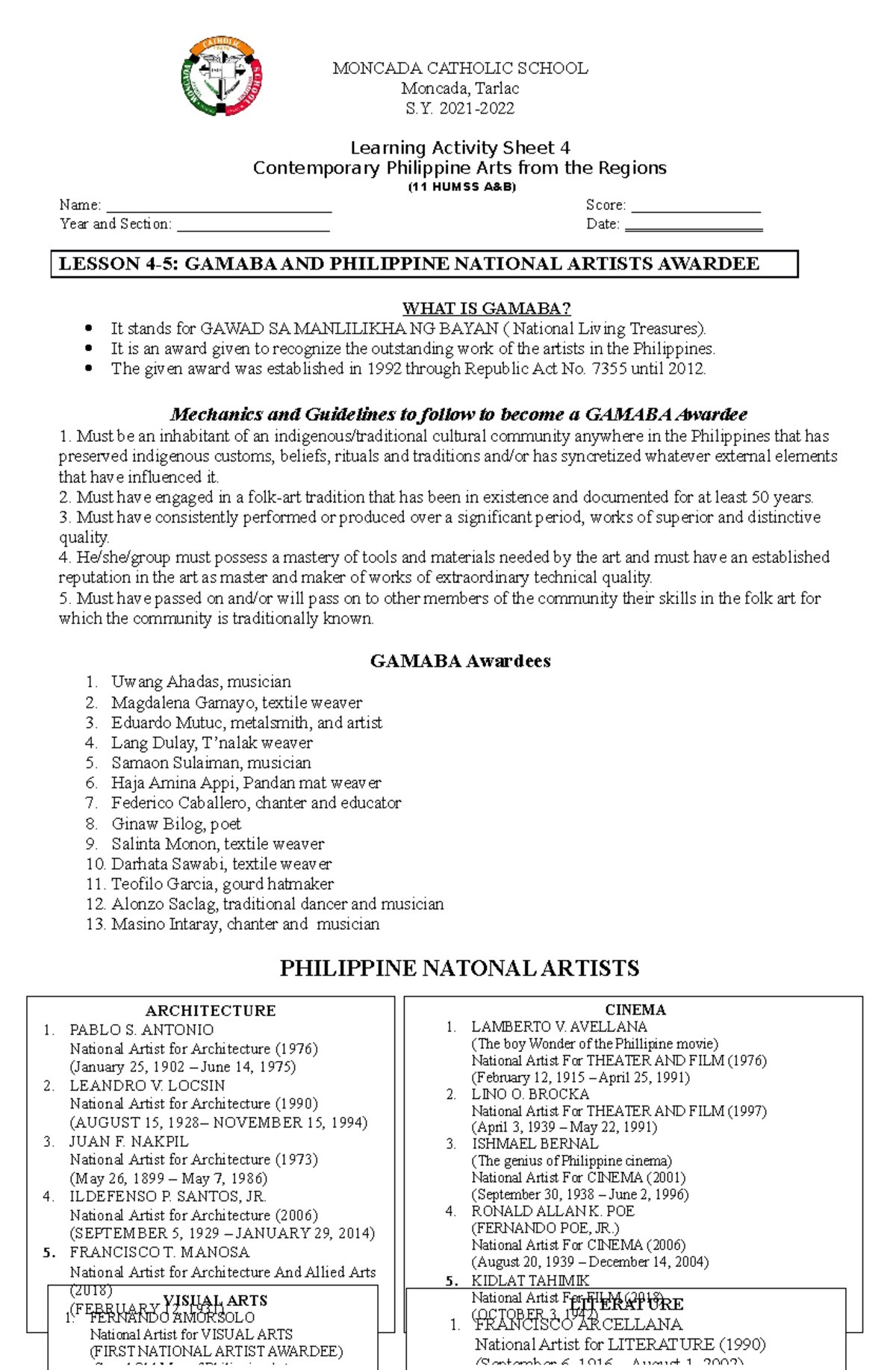 Module 4 - Gamaba and National Artists Awardee - MONCADA CATHOLIC ...