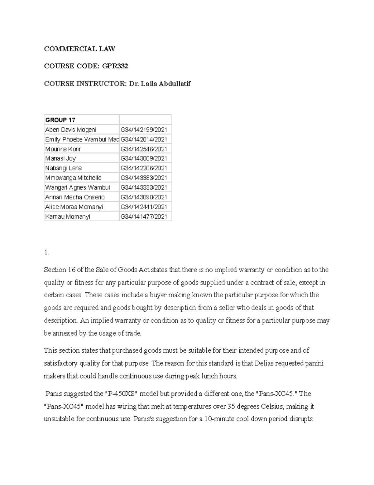 Commercial LAW Lecture 3 Group WORK - COMMERCIAL LAW COURSE CODE: GPR ...