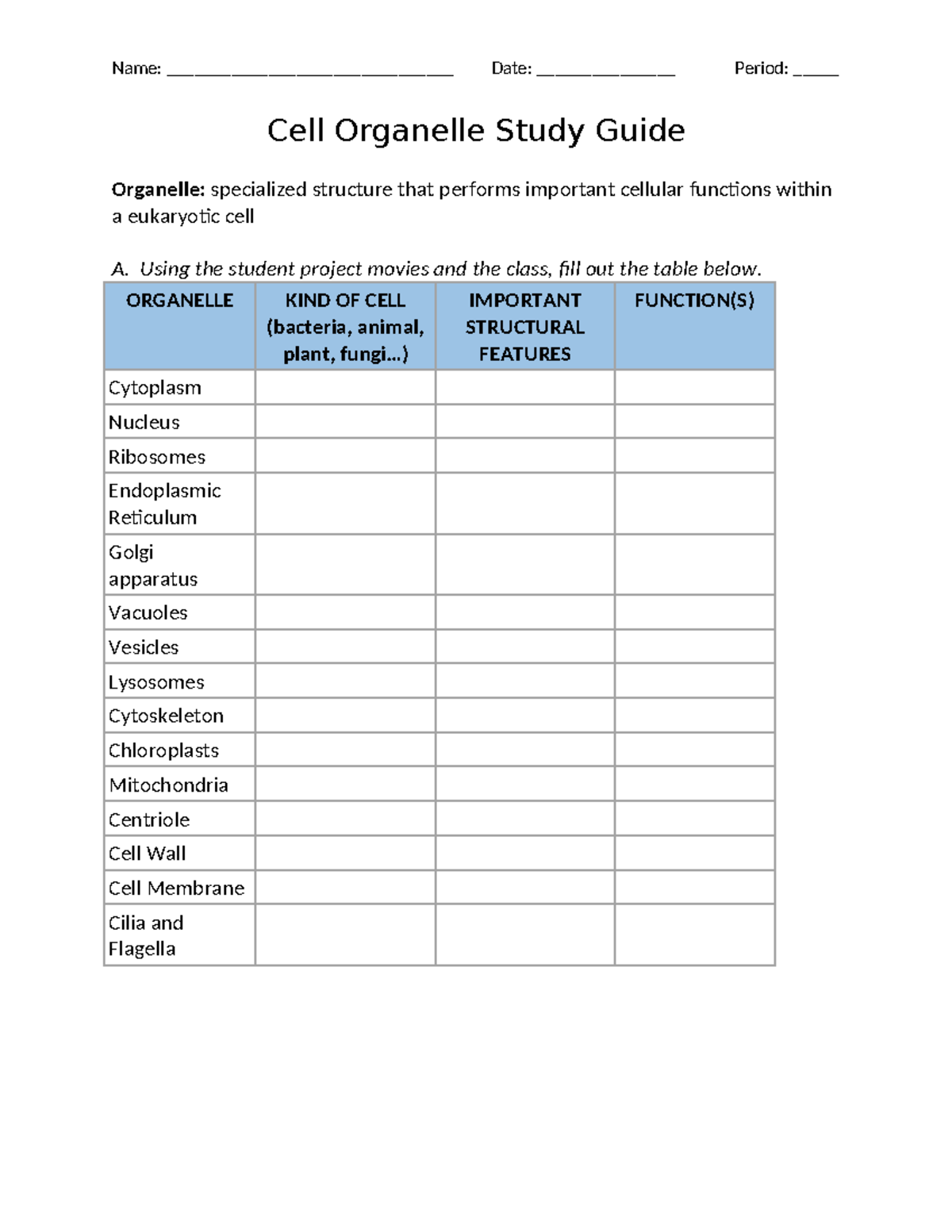 Cell Organelle Study Guide - Name: _______________________________ Date ...