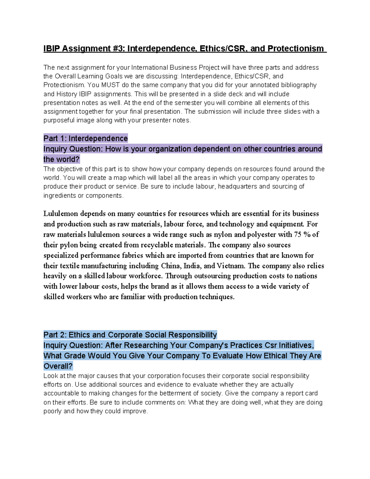 IBIP Assignment #3 Interdependence, Ethics CSR, and Protectionism - You ...