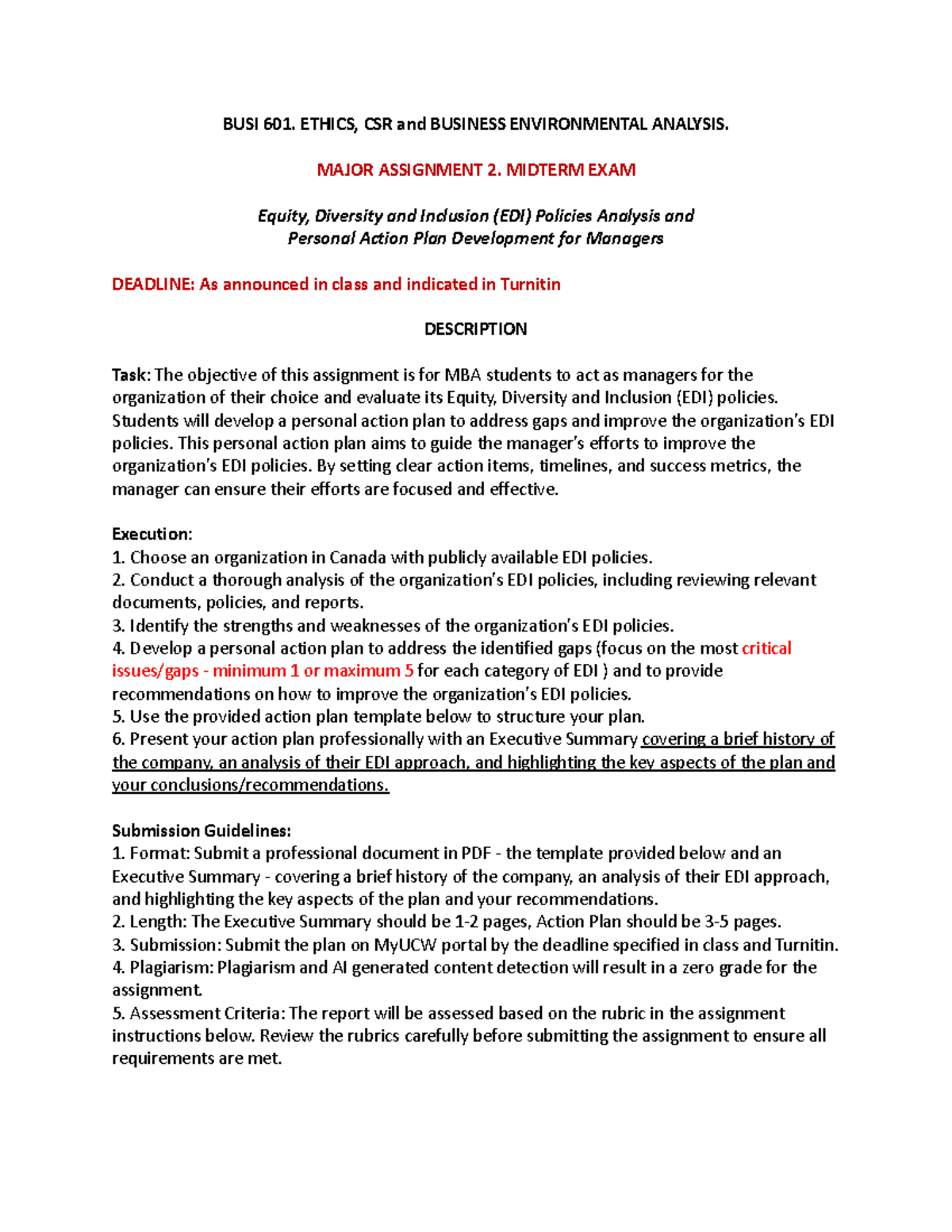 Major Assignment 02 - BUSI 601. ETHICS, CSR and BUSINESS ENVIRONMENTAL ...