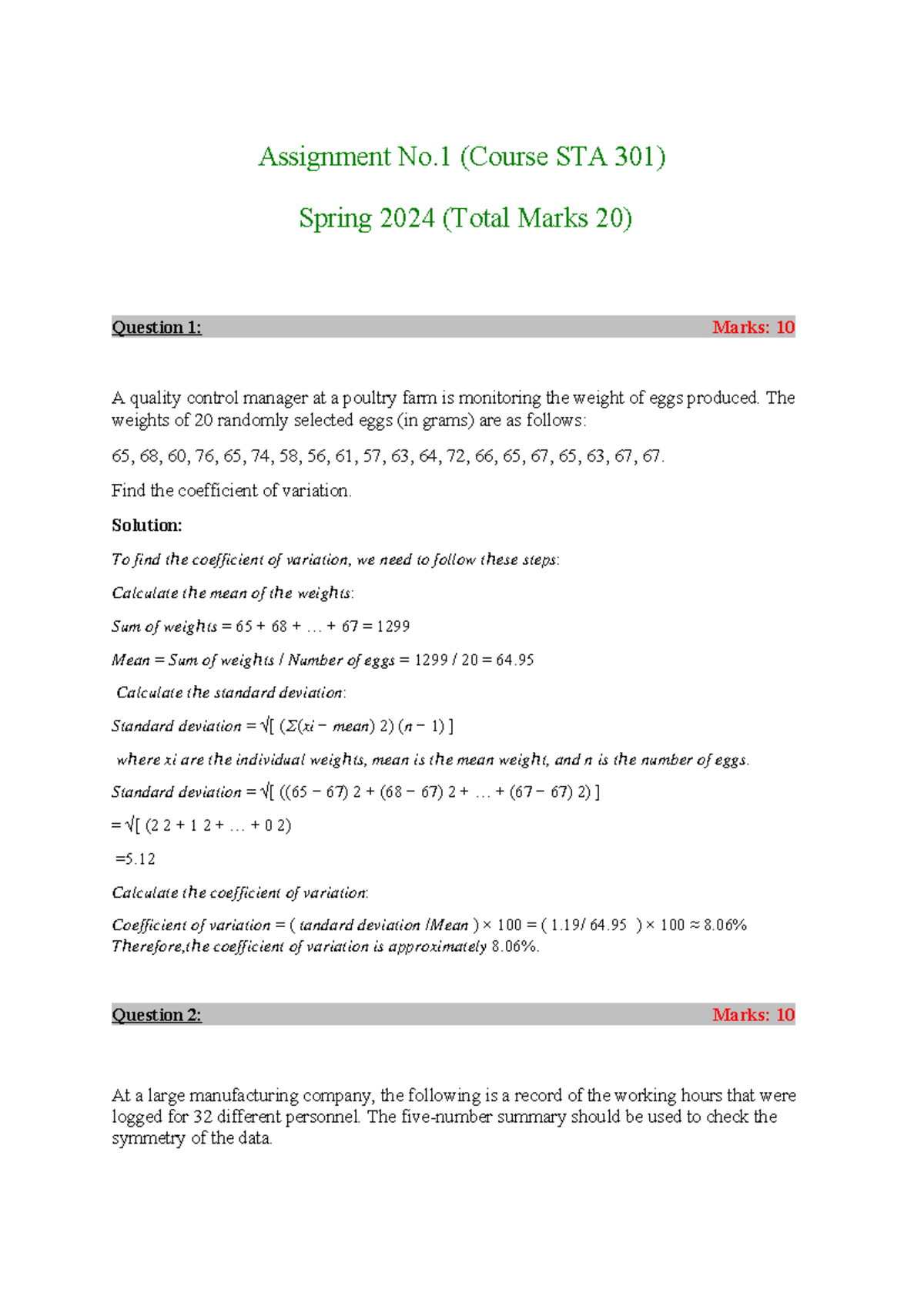 Spring 2024 STA301 1 BC230403113 - Assignment No (Course STA 301) Spring 2024 (Total Marks 20 ...