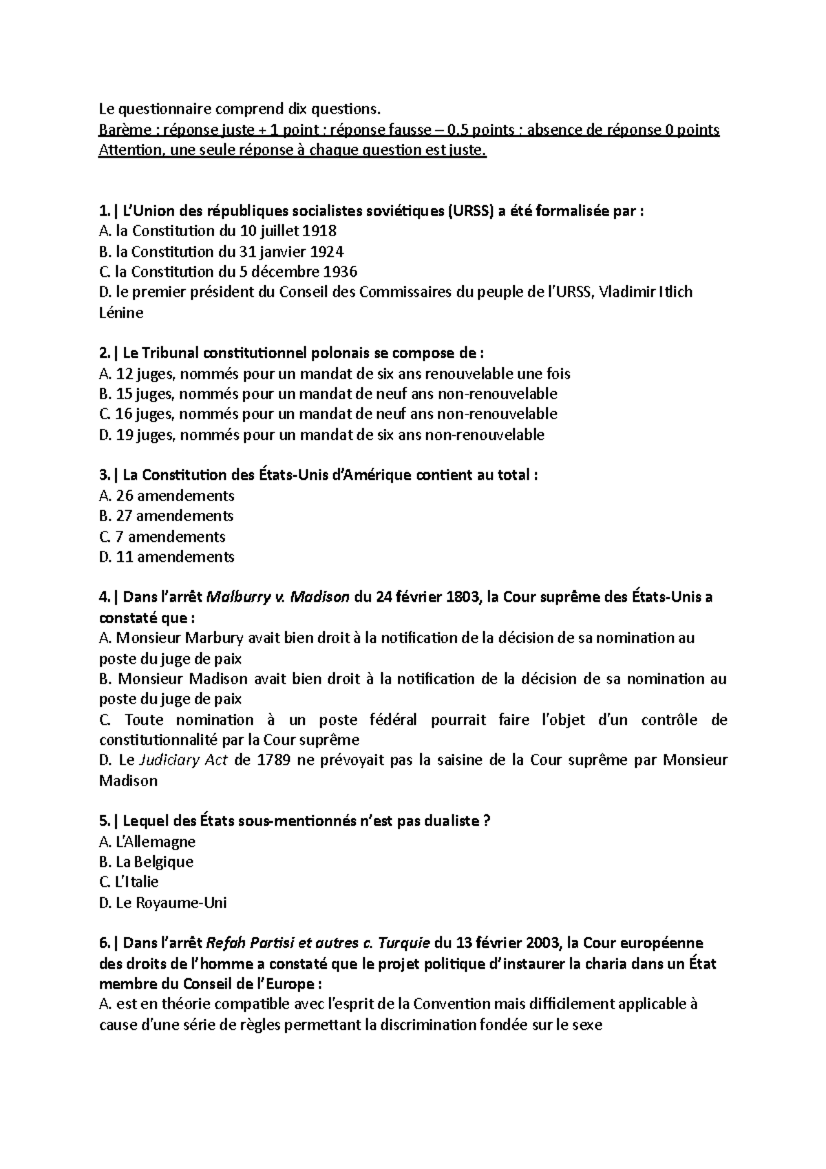 QCM- Exemple pour examen en Grand système juridique - Le questionnaire ...