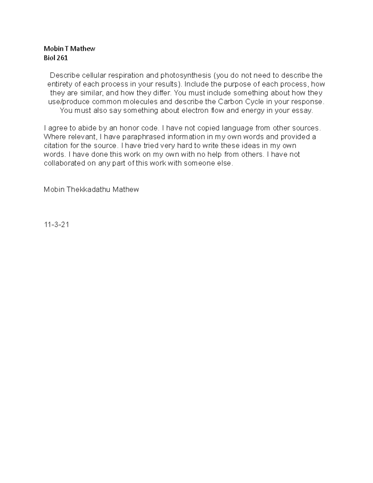 Values essay - aayh - Mobin T Mathew Biol 261 Describe cellular ...