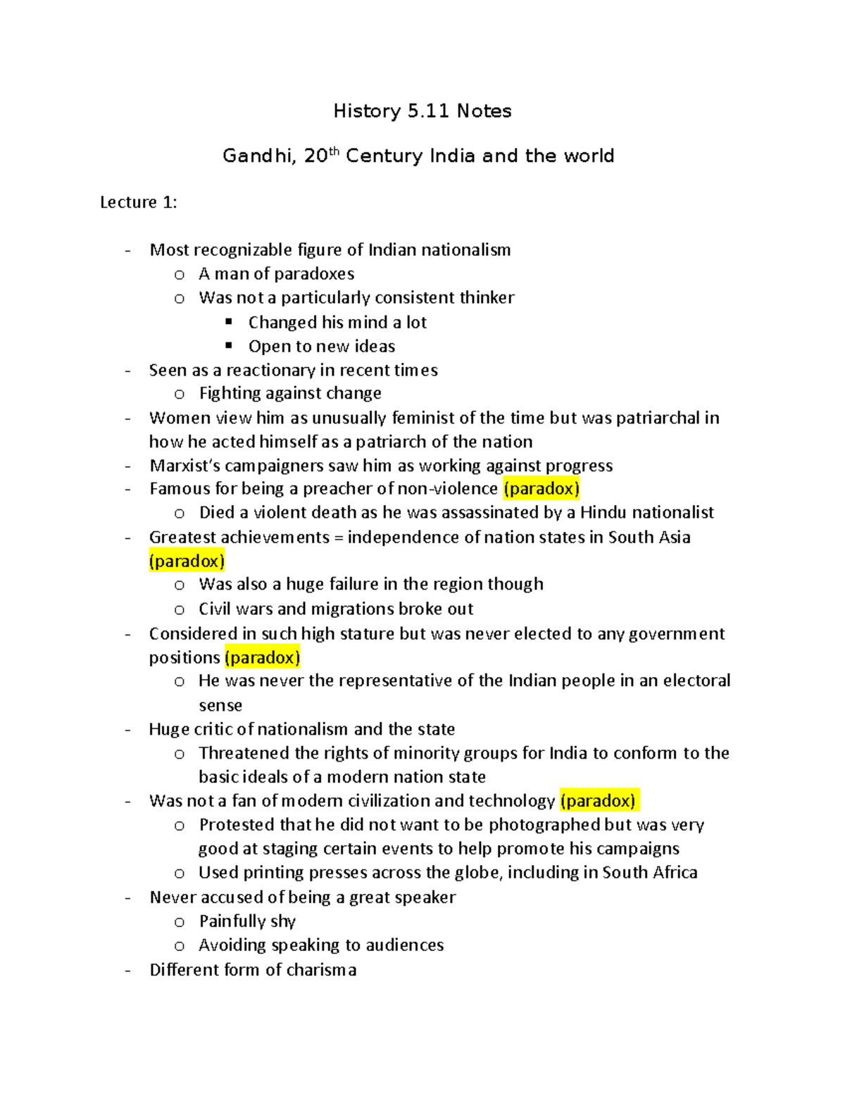 History Class Notes - History 5 Notes Gandhi, 20 th Century India and ...