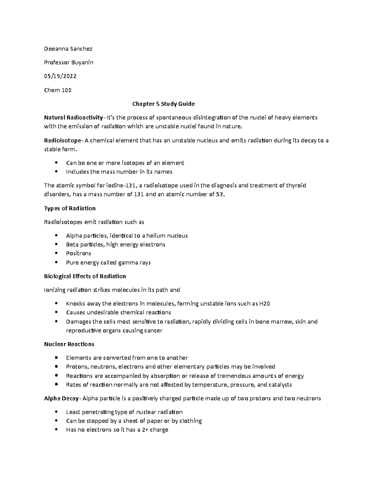 Chapter 5 Study Guide - Deeanna Sanchez Professor Buyanin 05/19/ Chem ...