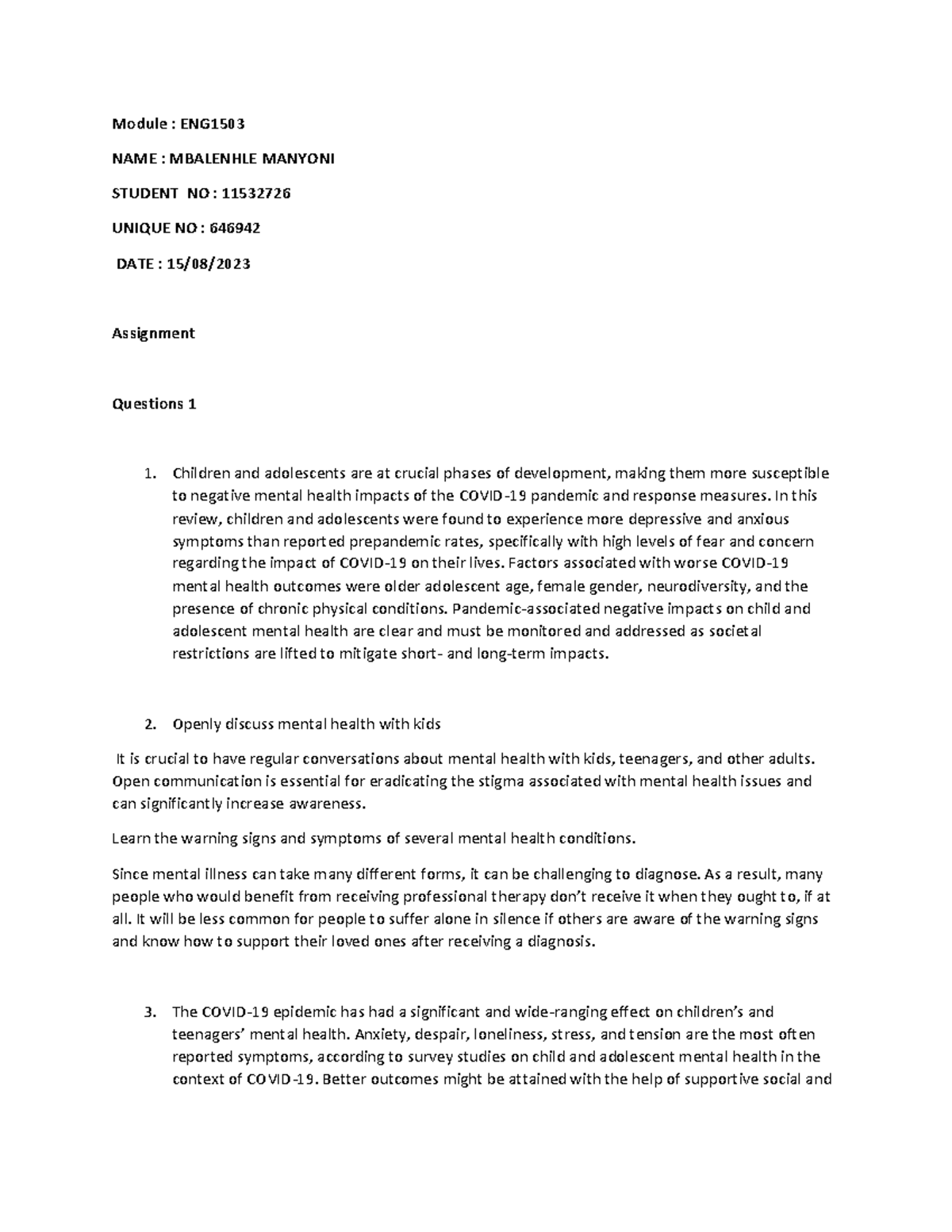 ENG1503 ass1 - Assignment 1 - Module : ENG NAME : MBALENHLE MANYONI ...