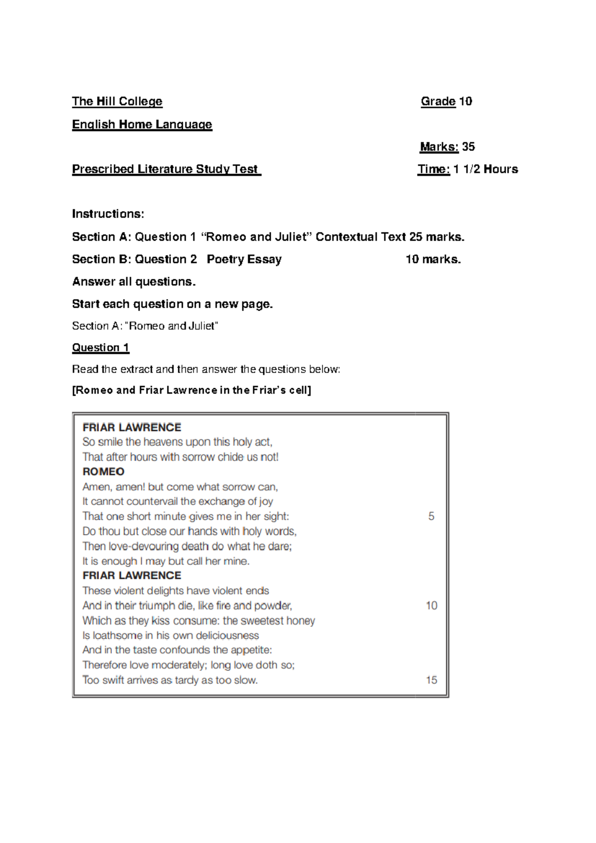 Edited Grade 10 and Grade 11 test - The Hill College Grade 10 English ...
