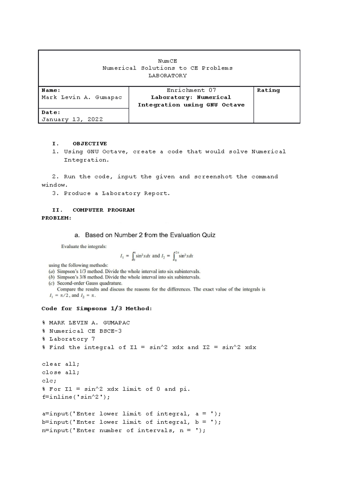 Numce - NumCE Numerical Solutions to CE Problems LABORATORY Name: Mark ...