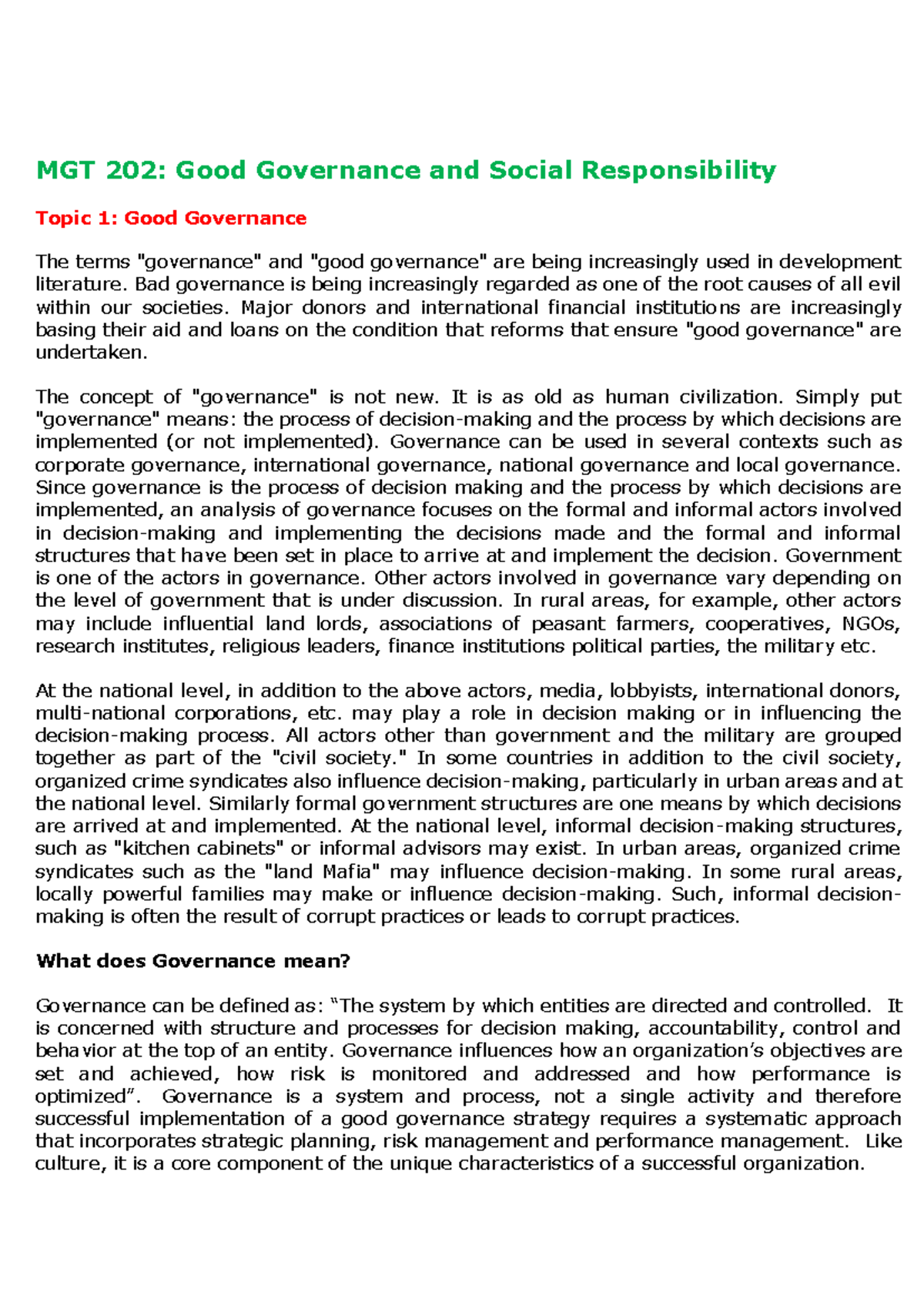 Lectures and notes - MGT 202: Good Governance and Social Responsibility ...