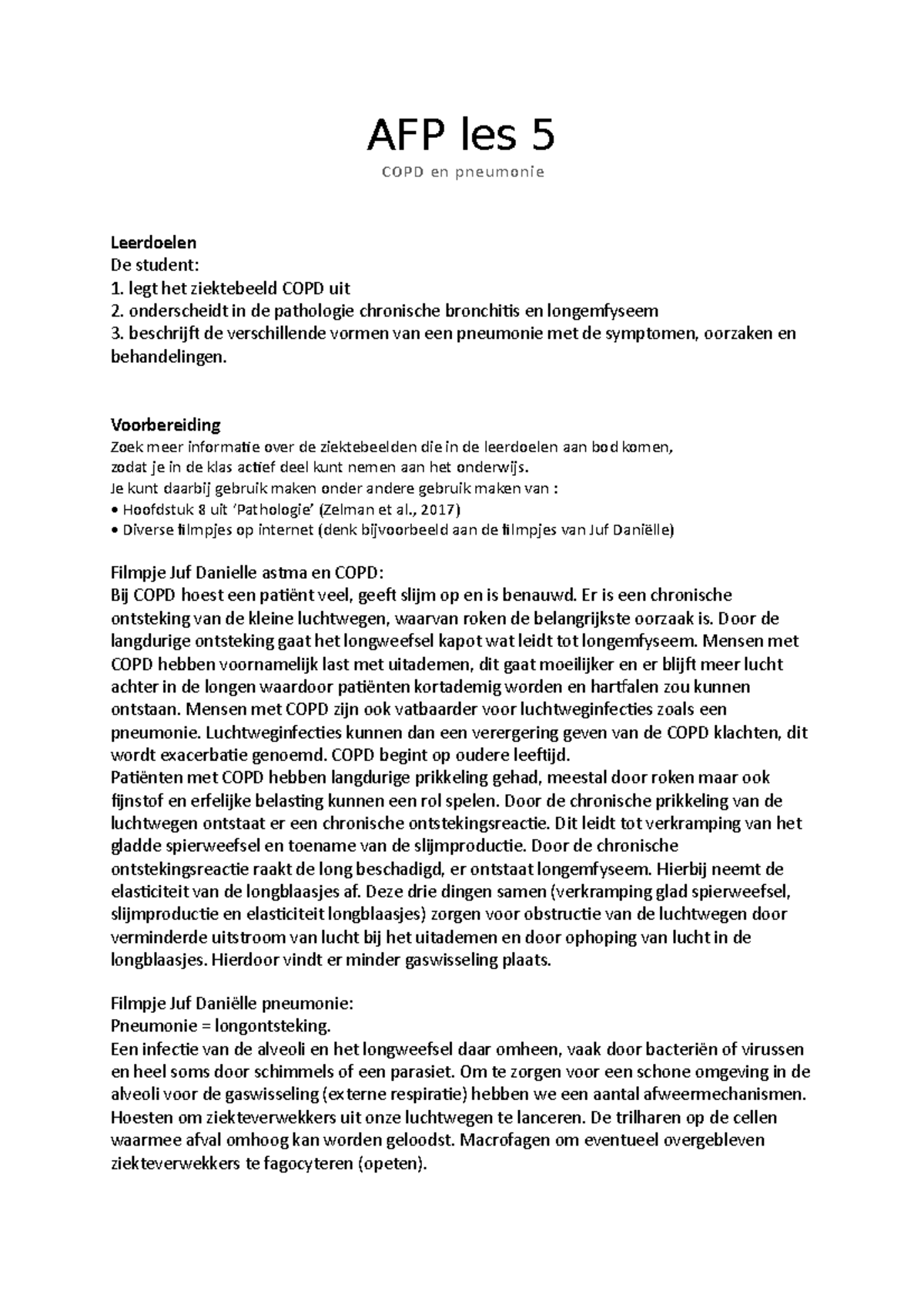 AFP les 5 - AFP les 5 COPD en pneumonie Leerdoelen De student: legt het ...