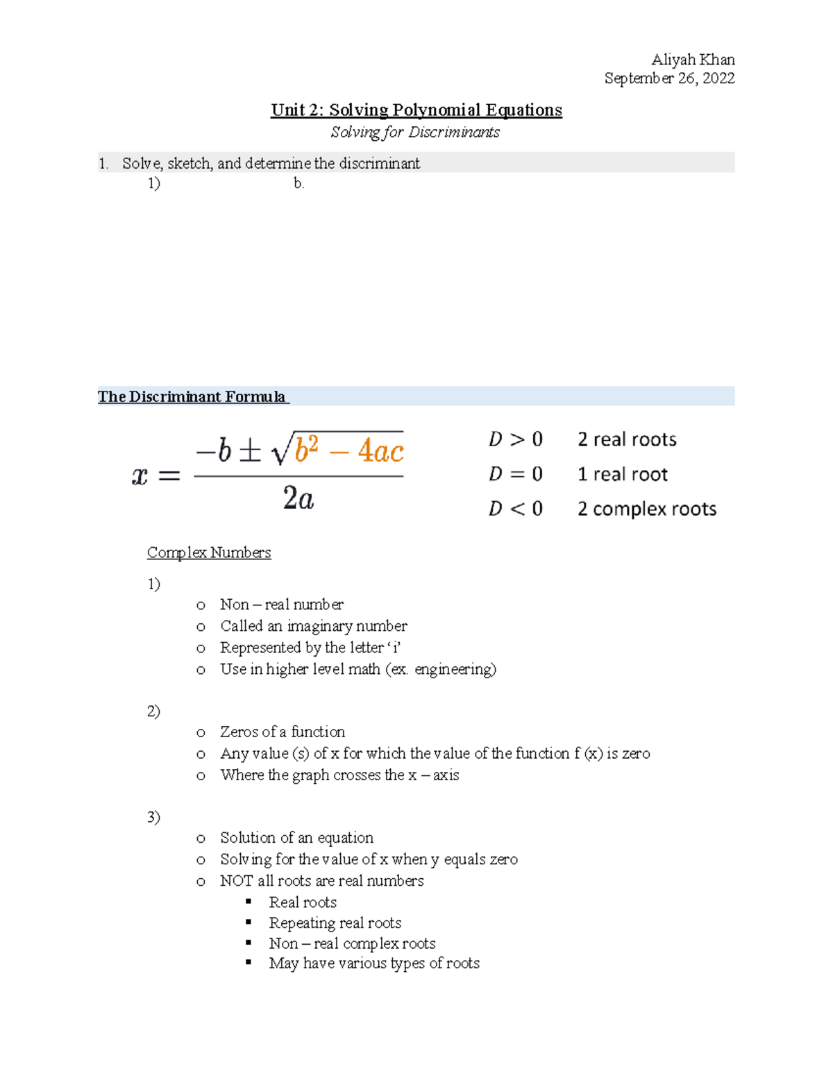 Unit 2 - Solving Polynomial Equations - Aliyah Khan September 26, 2022 ...