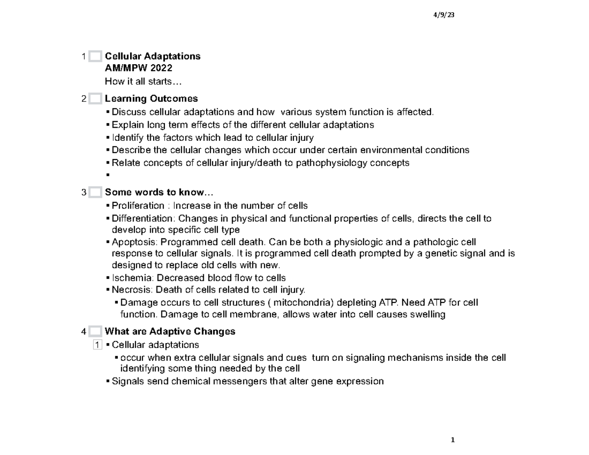 Cellular Adaptations 2023AM - 4/9/ 1 Cellular Adaptations AM/MPW 2022 How it all starts ...