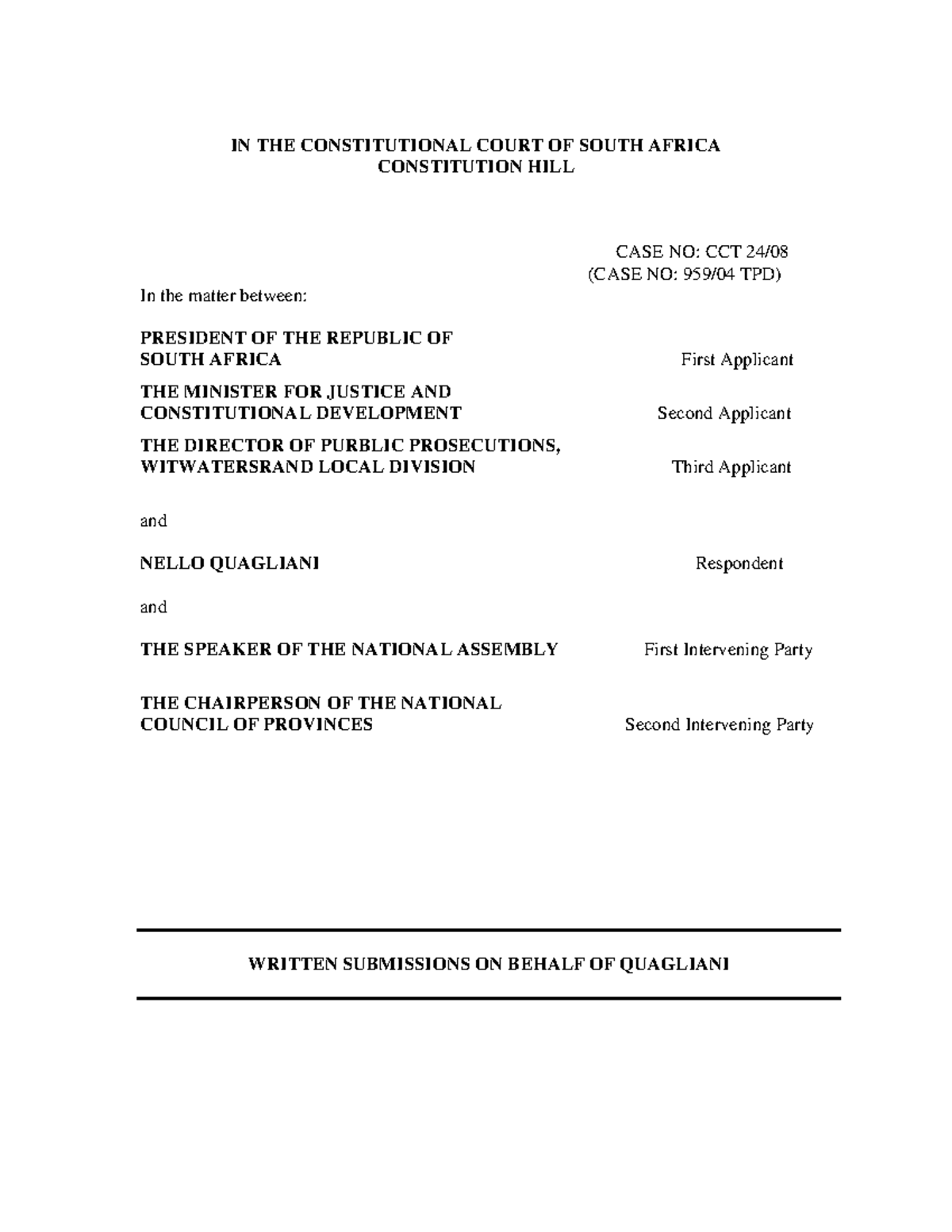 Respondent's (Quagliani) Heads of Argument-12786 - IN THE ...