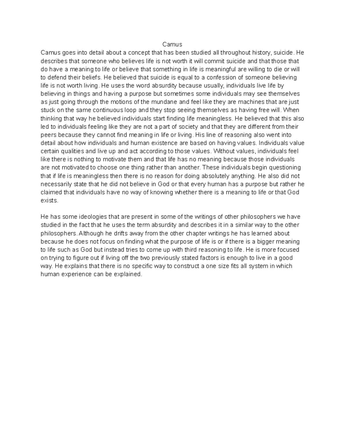 Camus - The questions and answers for the reading questions about the ...