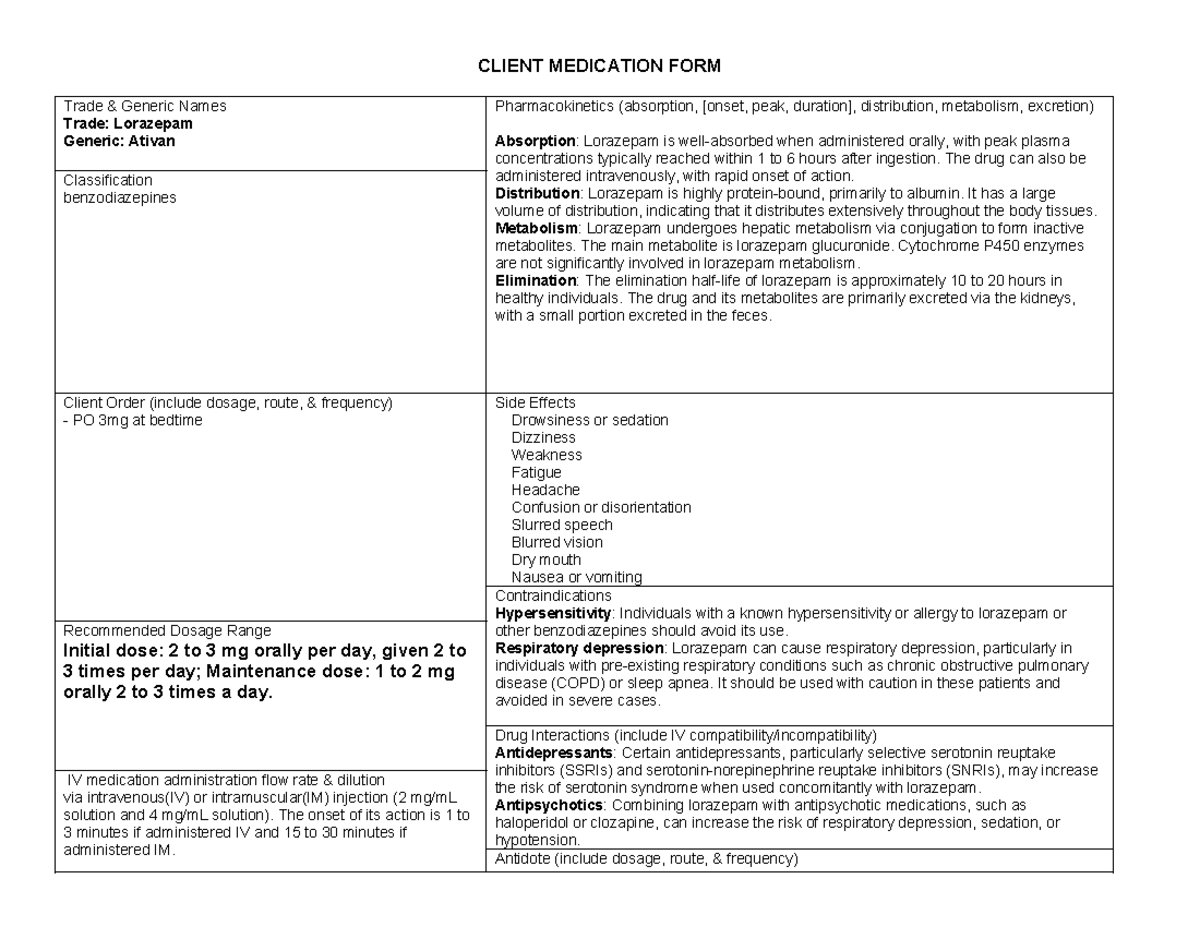 Mental Health Clinical care plan and meds - CLIENT MEDICATION FORM ...