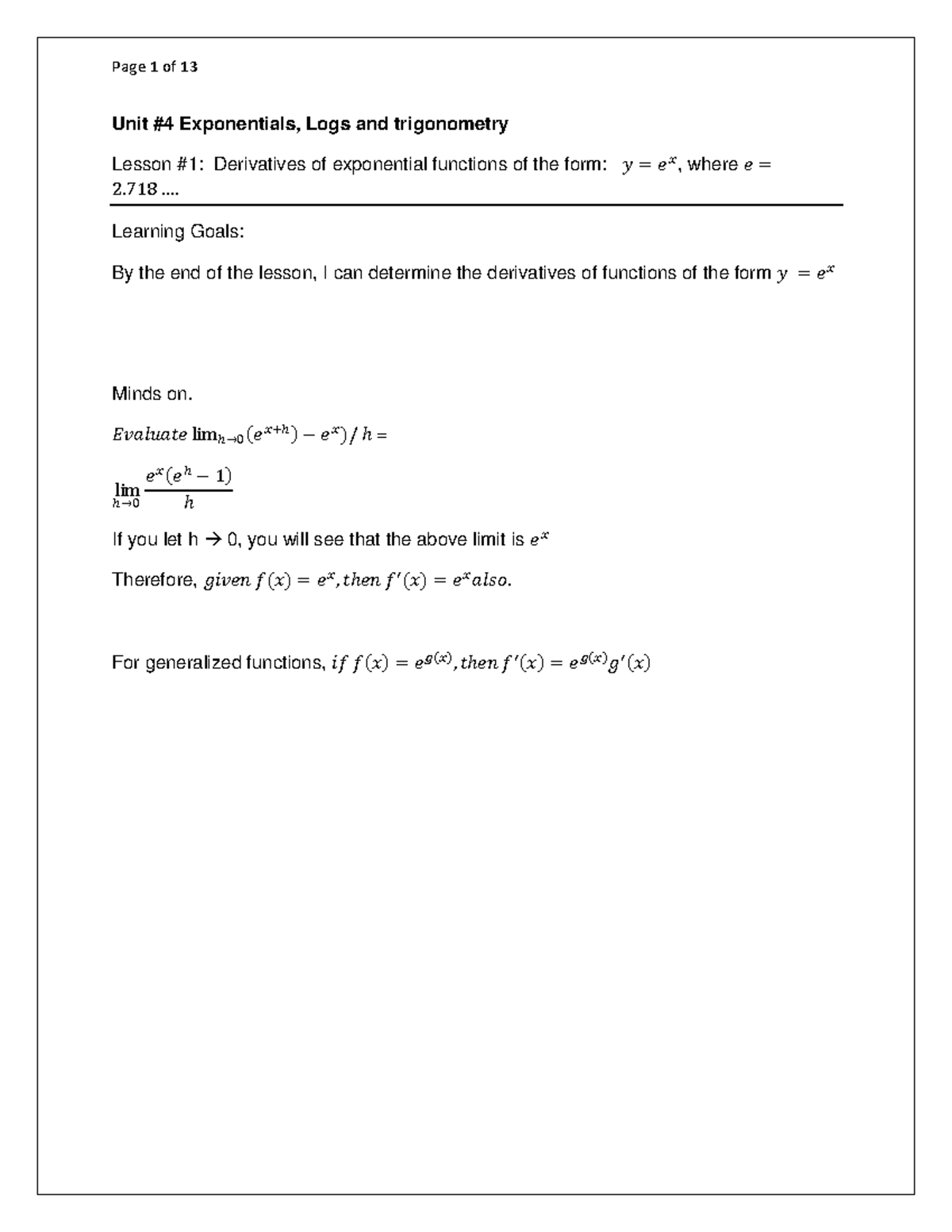 Lesson #1 Derivatives of e - Unit #4 Exponentials, Logs and ...