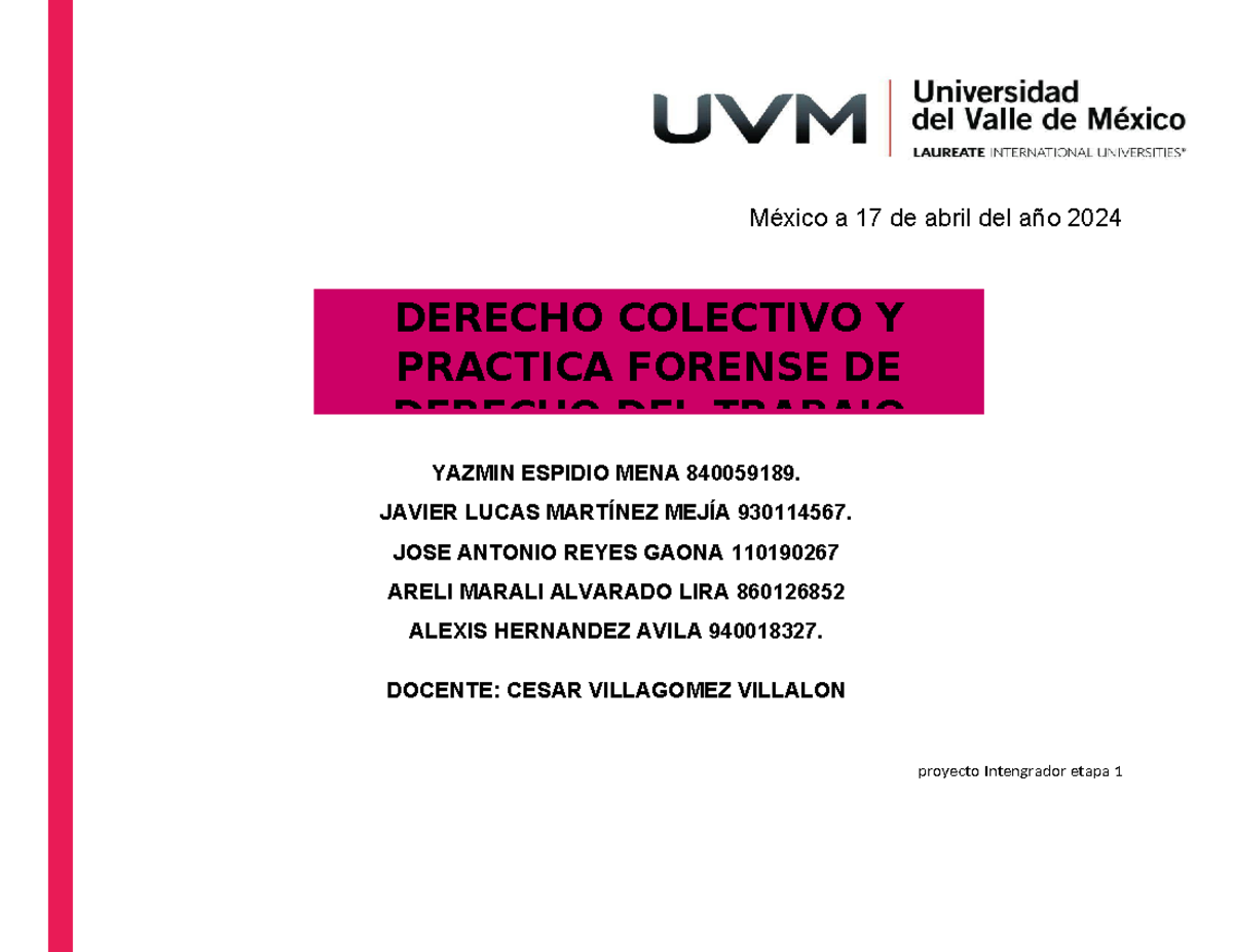 PI Etapa 1 DCy PFDT (1) - Derecho Colectivo y Práctica Forense de Derecho del Trabajo - México a ...