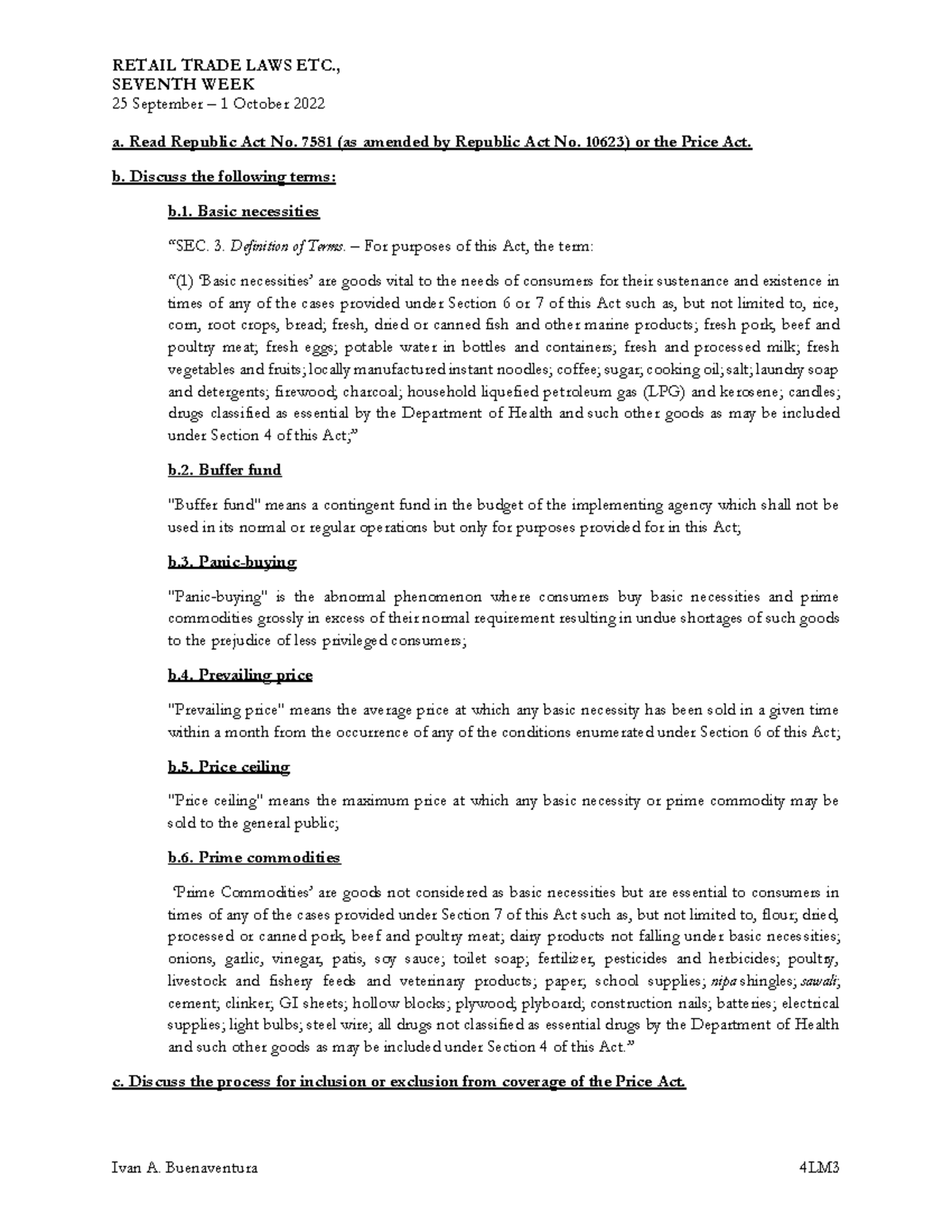 Price Act reviewer - SEVENTH WEEK 25 September – 1 October 2022 a. Read ...