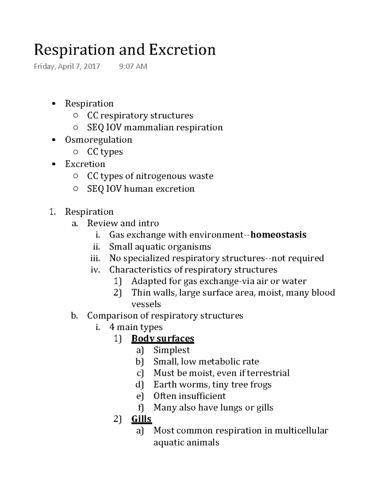 Respiration and Excretion - Respiration a. Review and intro i. Gas ...
