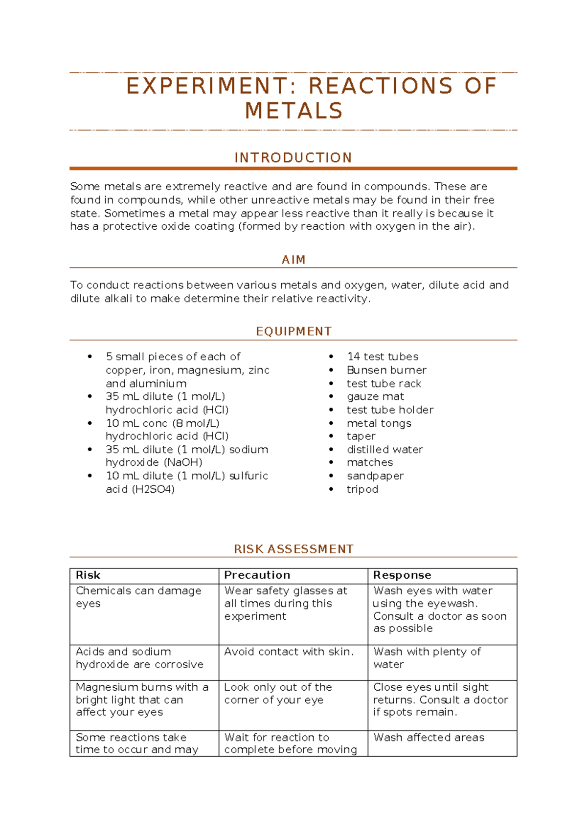 Reactivity Experiment of Metals - (3.2) Module 3 - E X P E R I M E N T ...
