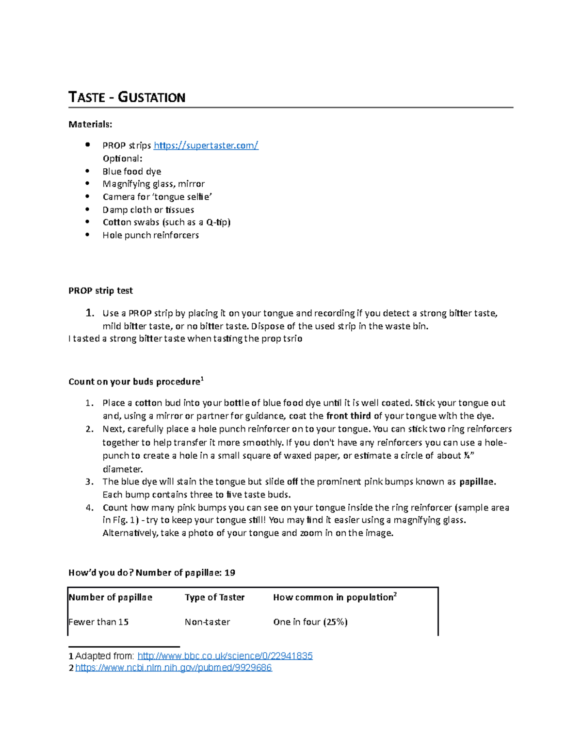 NSCI 112 Lab 5 Taste - Lab for neuroscience - TASTE - GUSTATION ...