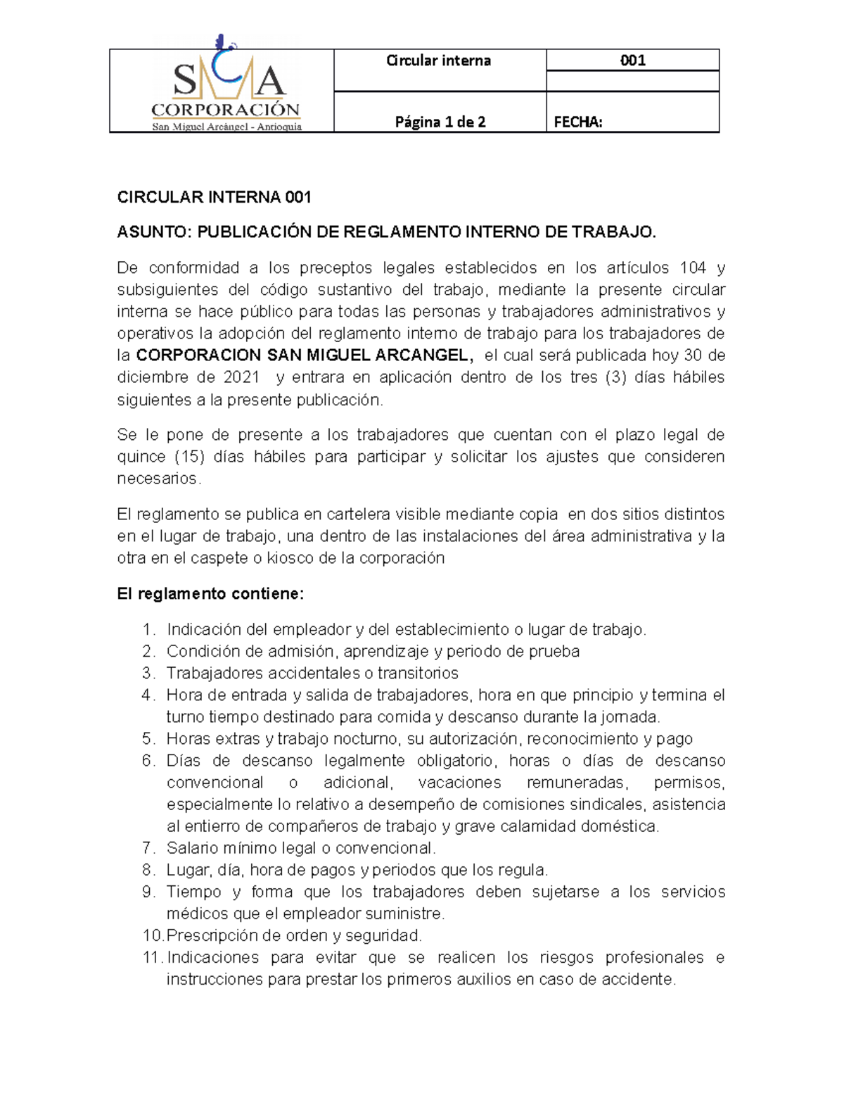 Circular Interna 001 - Circular interna 001 Página 1 de 2 FECHA ...