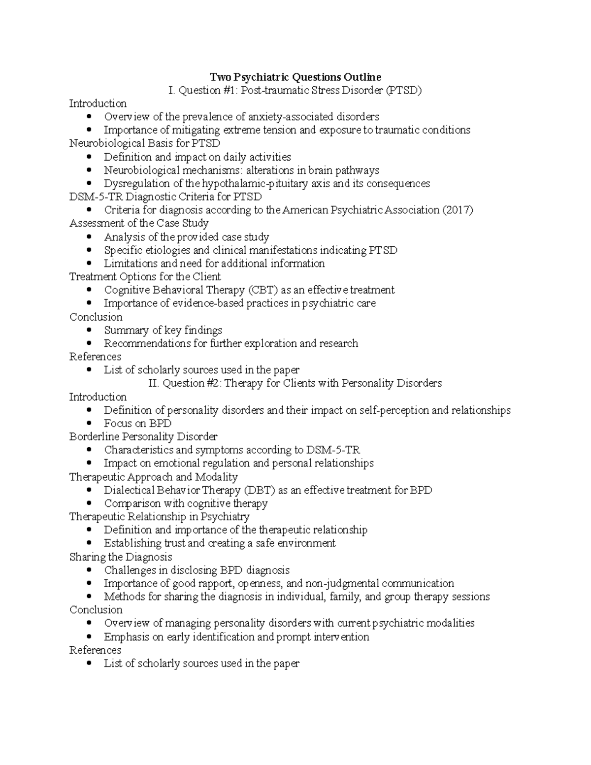 Two Psych Questions Outline - Two Psychiatric Questions Outline I ...