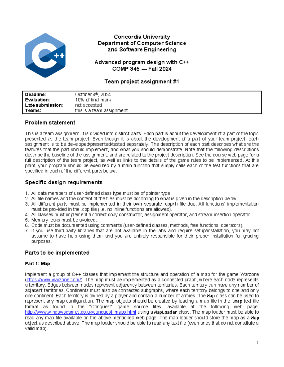 Assignment 1comp345f2024 Advanced Program Design With C Department Of Computer Science And