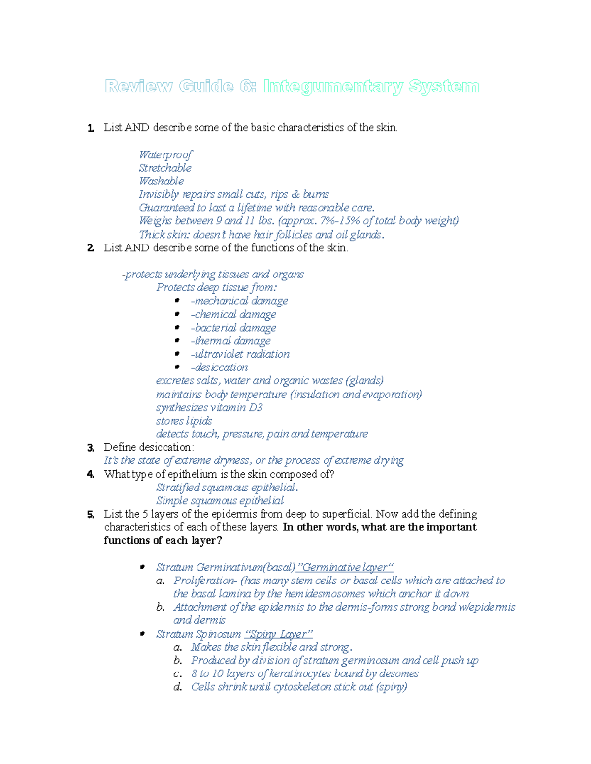 Integumentary System Review Guide - List AND describe some of the basic ...