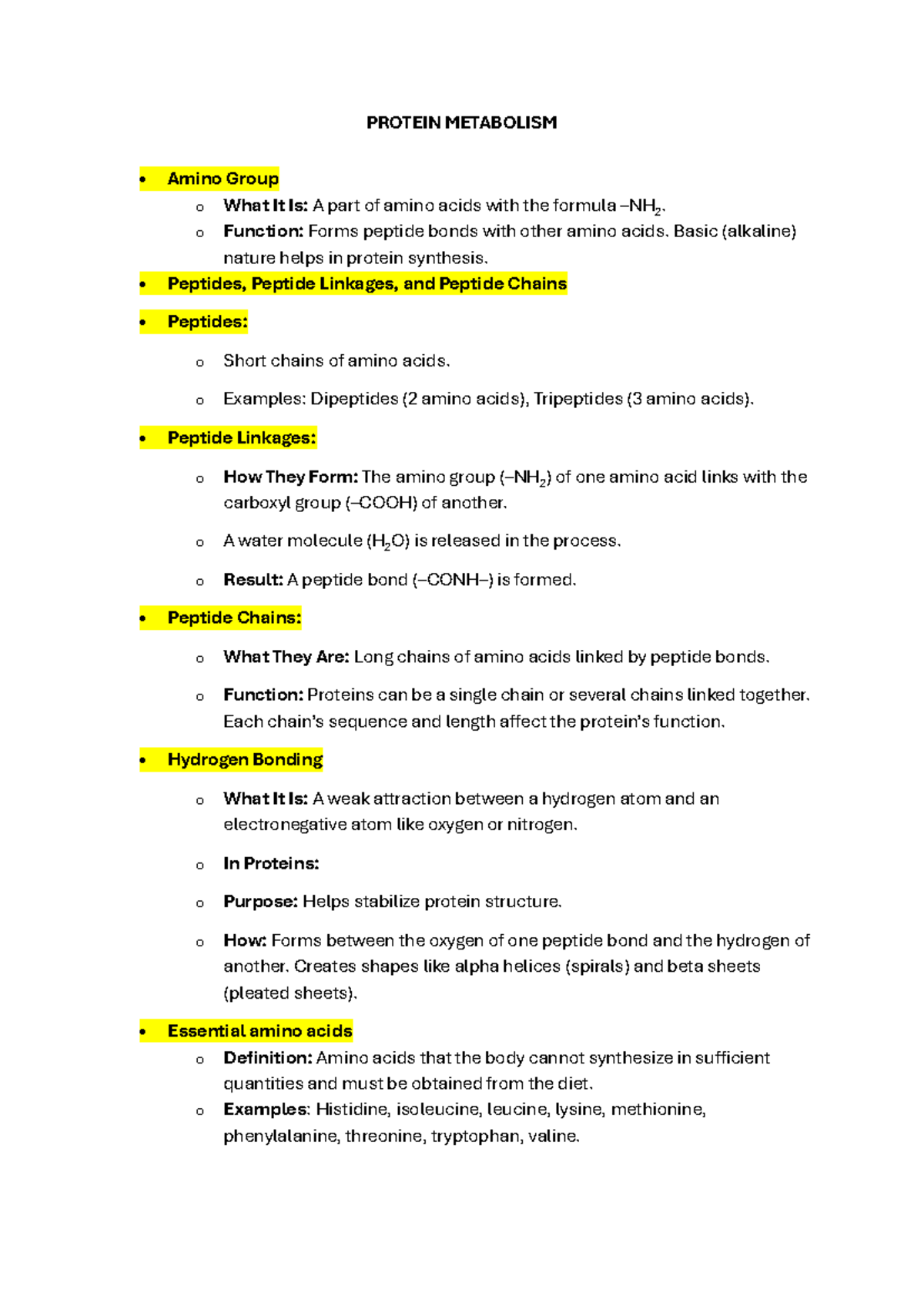 Protein Metabolism - NOTES FOR SU 4 - PROTEIN METABOLISM • Amino Group ...