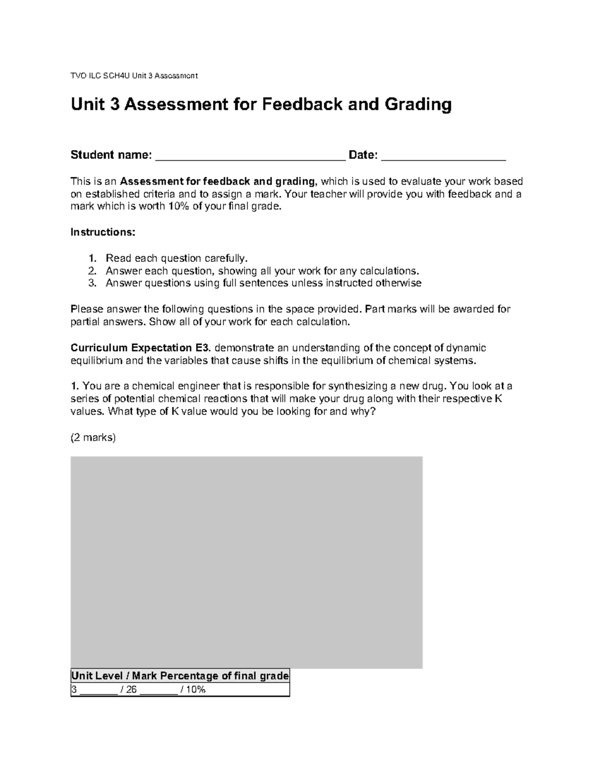 Unit 3 Assessment for Feedback and Grading - TVO ILC SCH4U Unit 3 ...