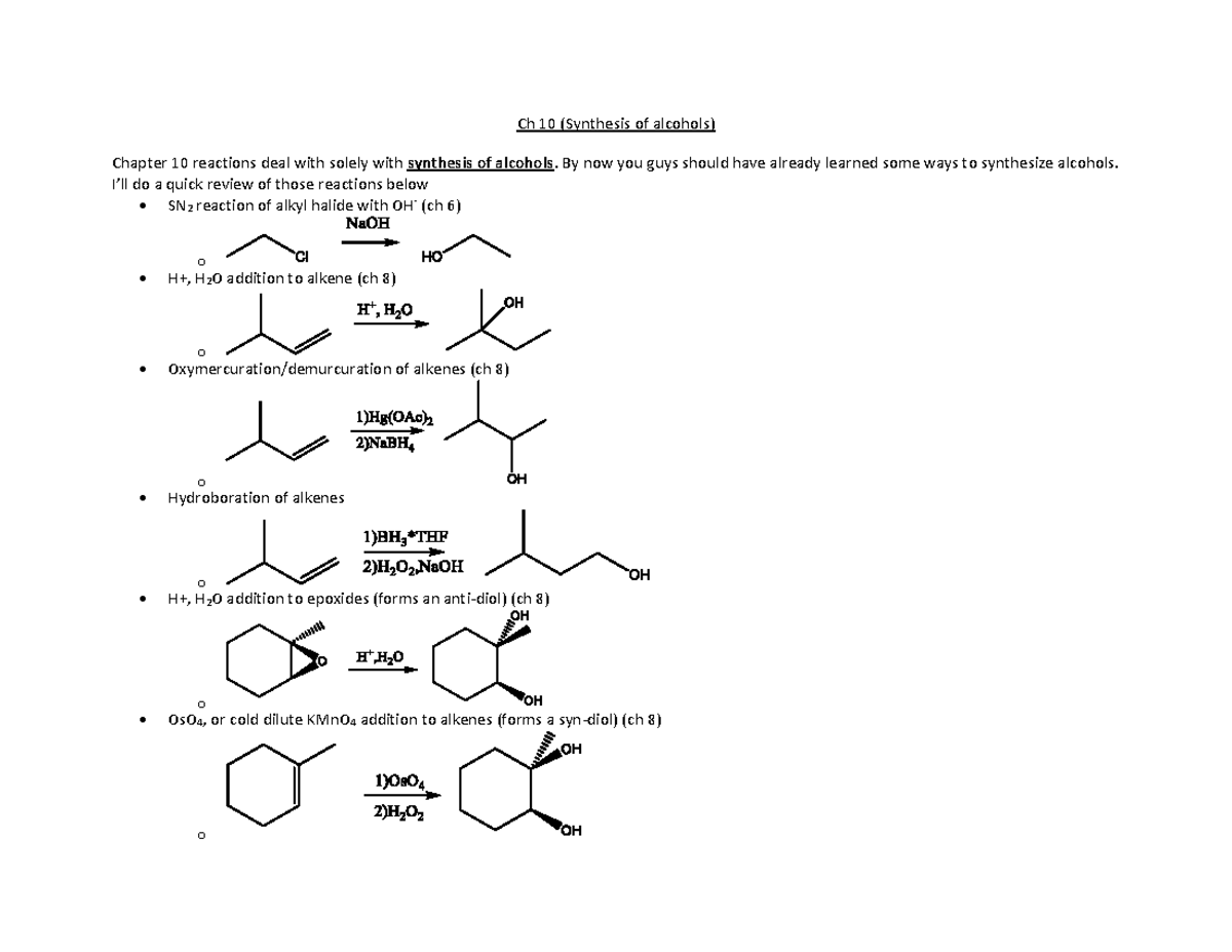 Chapter 10 Reactions Chart For Synthesis of Alcohols - Ch 10 ...