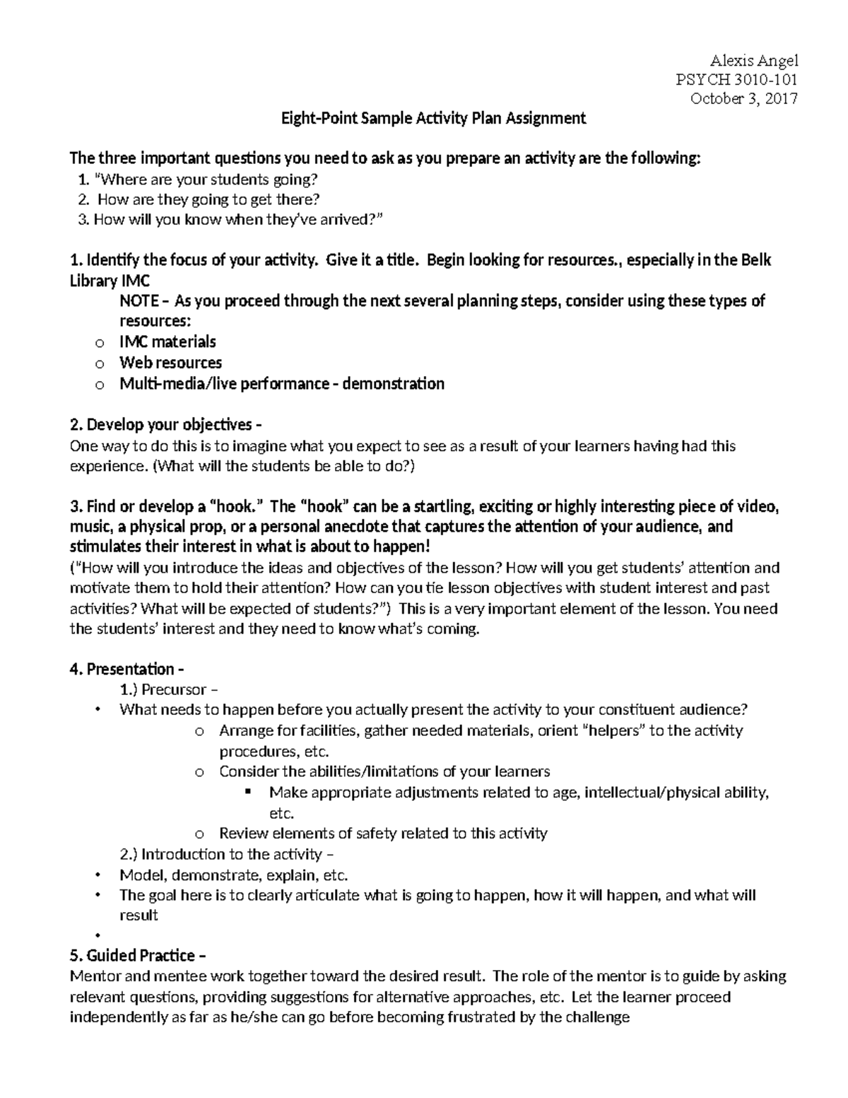 Eight Point Activity Plan and Outline Template - PSYCH 3010- October 3 ...