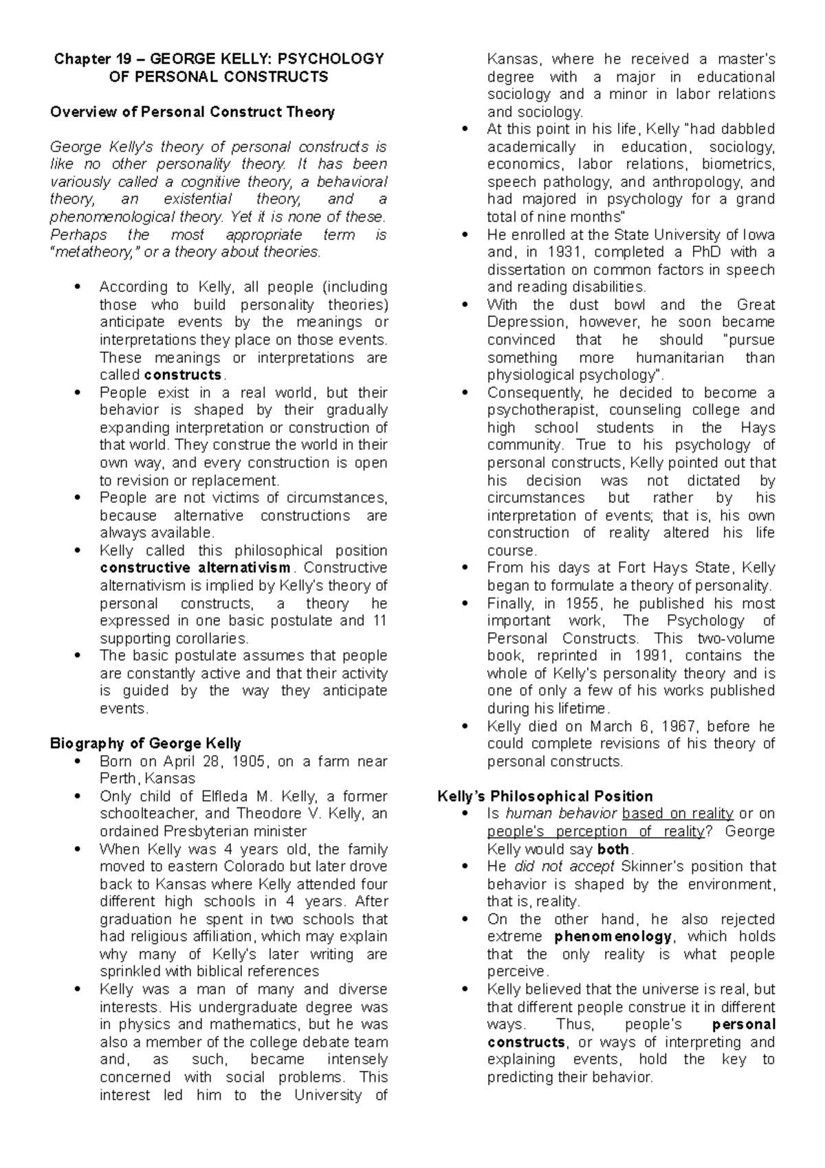 Chapter-19 - chapter 19 - Chapter 19 – GEORGE KELLY: PSYCHOLOGY OF ...