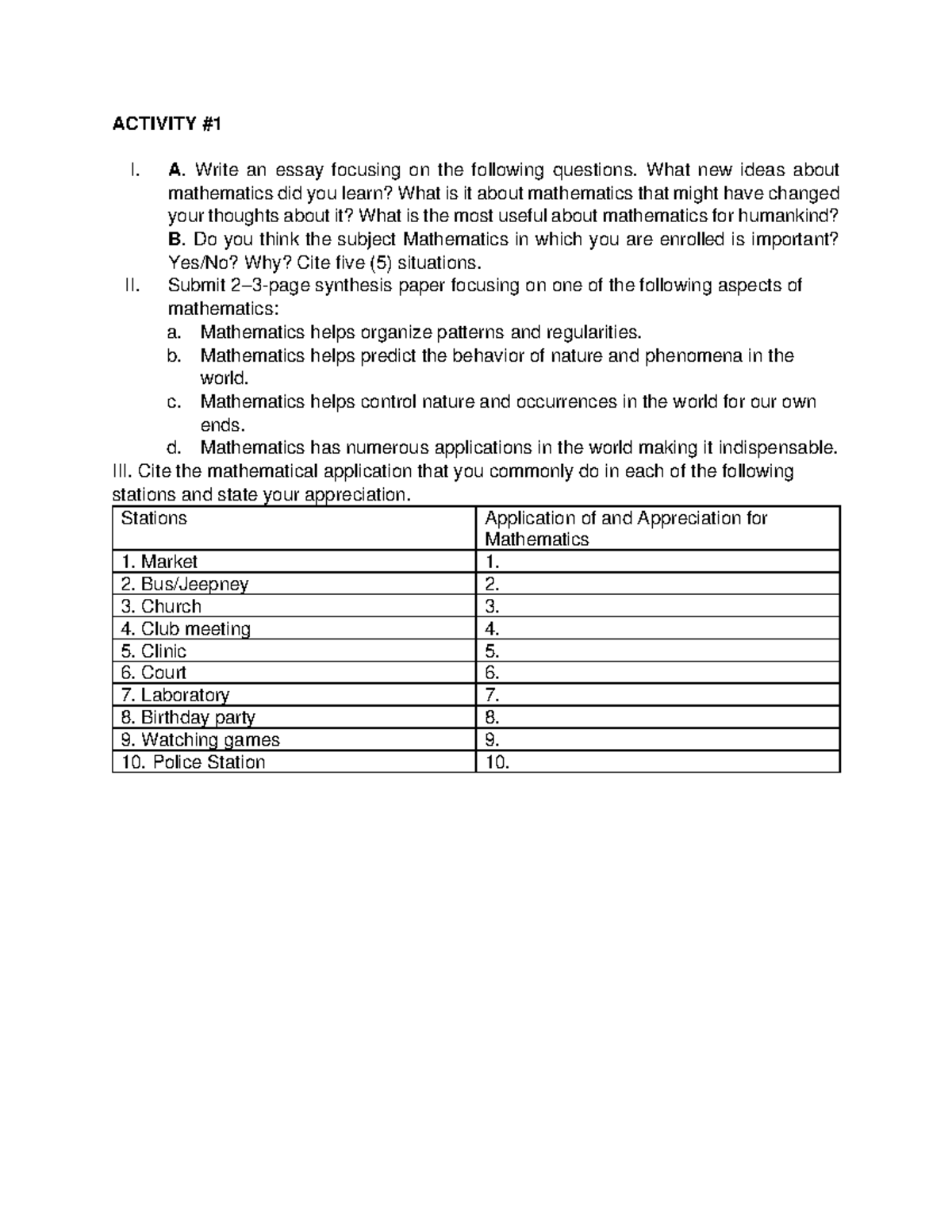 MMW-Activity-1v - for notes - ACTIVITY I. A. Write an essay focusing on ...