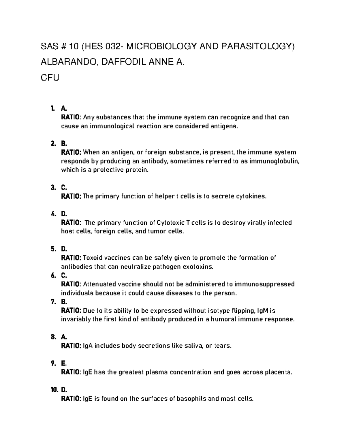 SAS#10 (Albarando- HES 032) - SAS # 10 (HES 032- MICROBIOLOGY AND ...