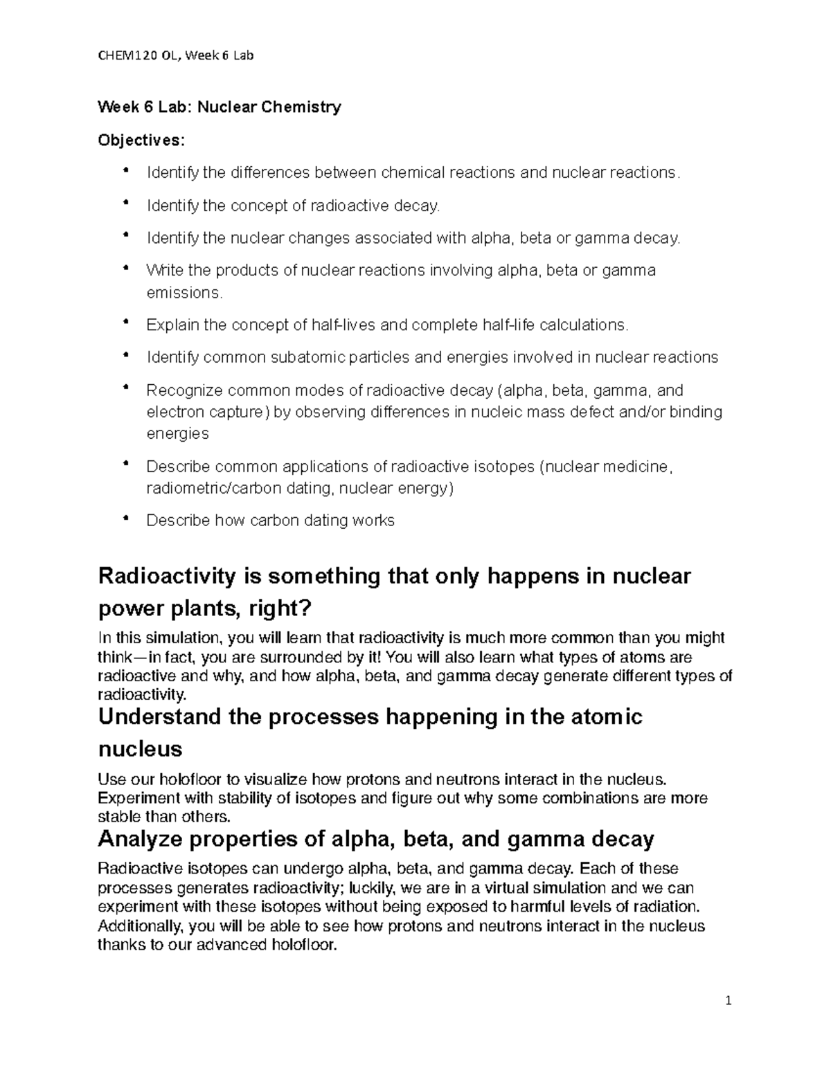 Lab 6 for class - Week 6 Lab: Nuclear Chemistry Objectives: • Identify ...
