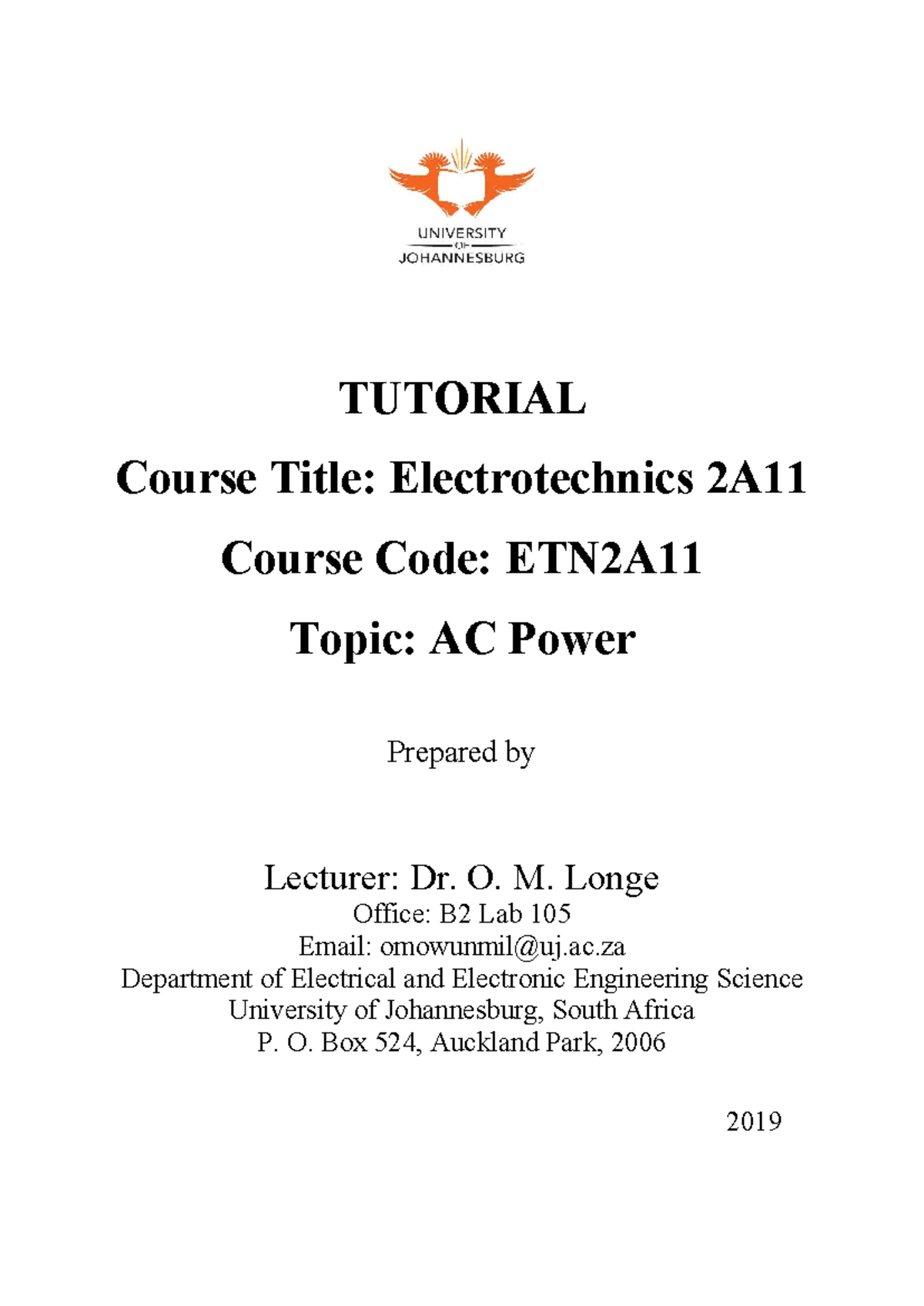 Tutorial AC Power 2019 - ENTEEB1 - TUTORIAL Course Title ...