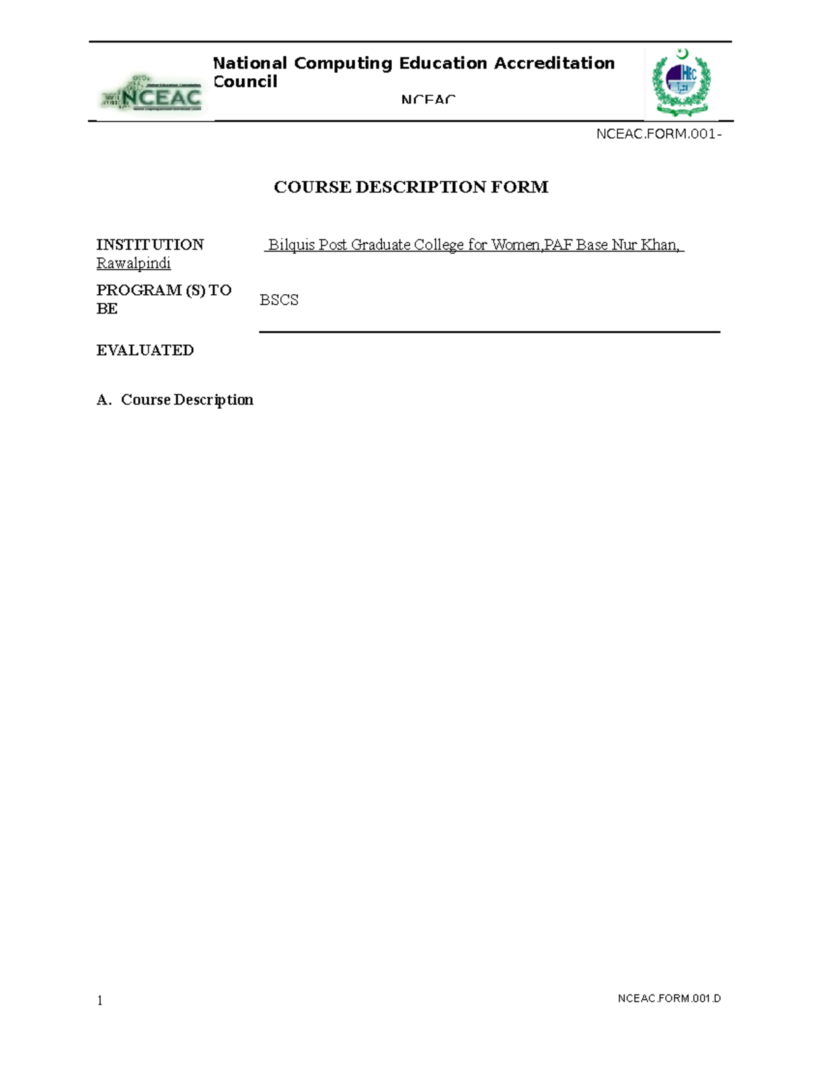 Course Descriptiondbms - NCEAC.FORM- Council NCEAC COURSE DESCRIPTION ...