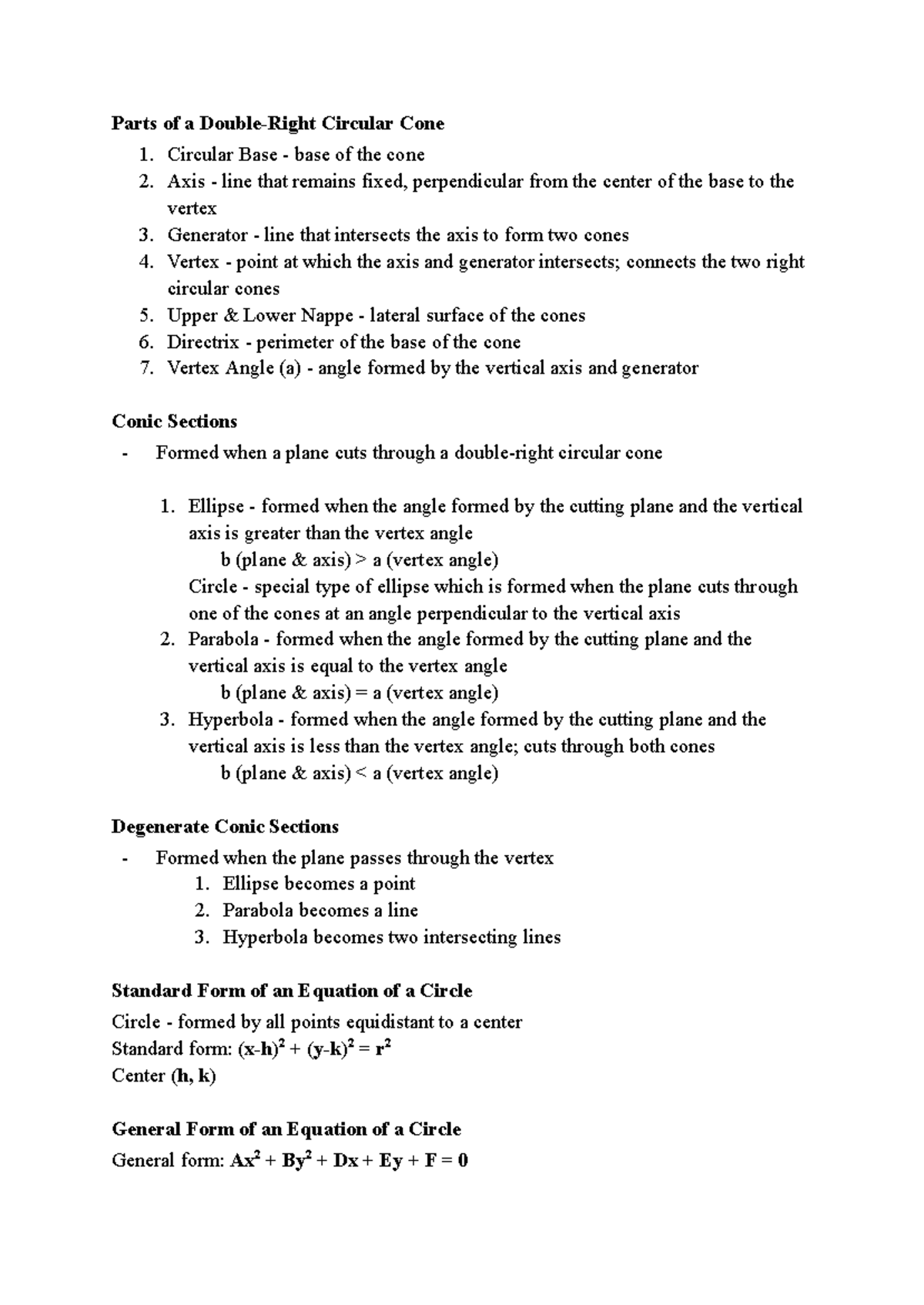 Pre cal Reviewer Q1 - Parts of a Double-Right Circular Cone 1. Circular ...