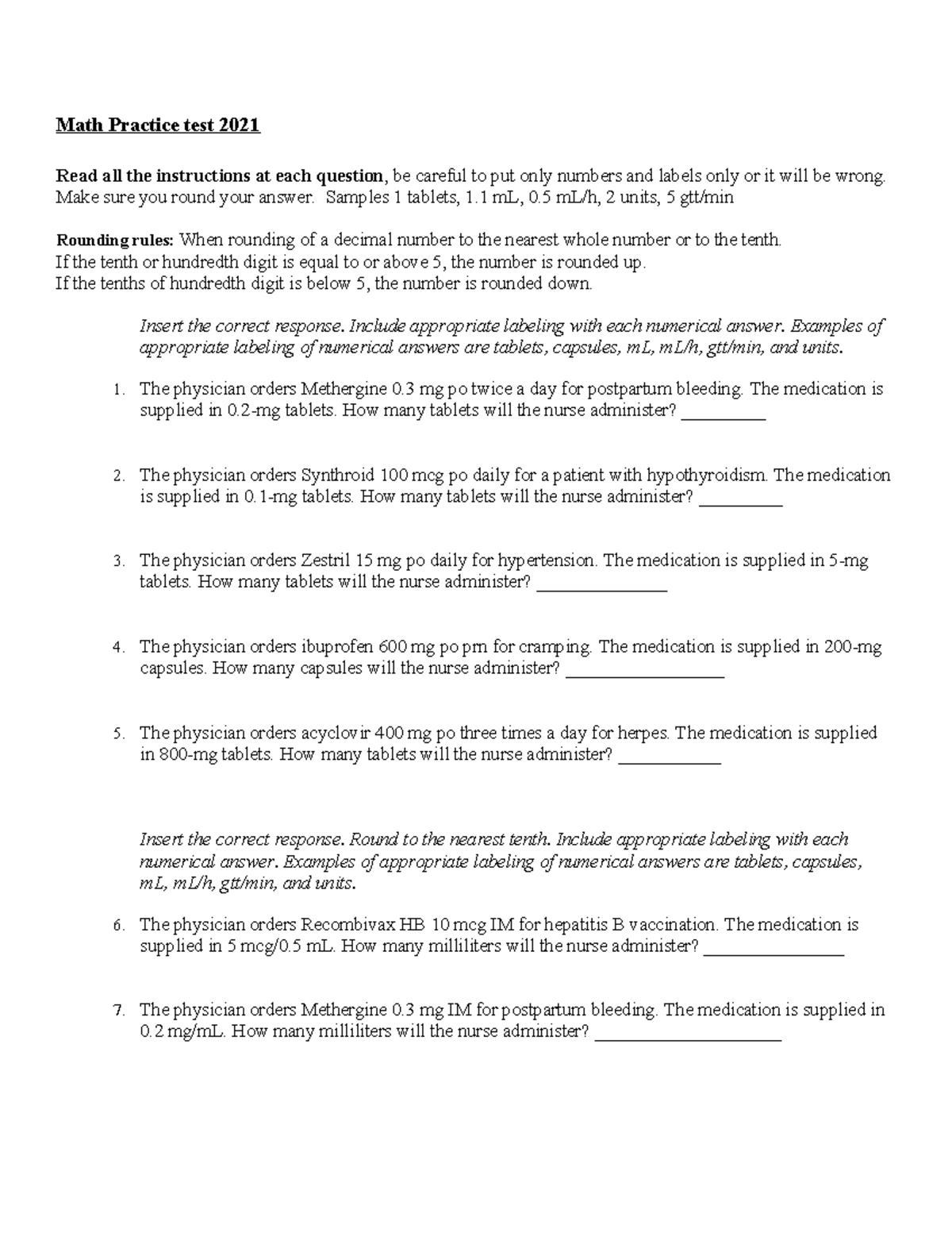 Math Practice NUR 441 - Math Practice test 2021 Read all the ...