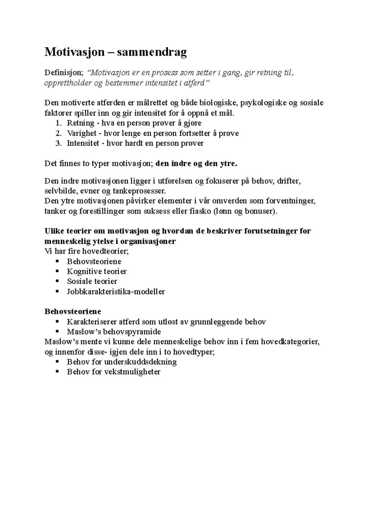 Motivasjon - sammendrag - Motivasjon – sammendrag Definisjon ...