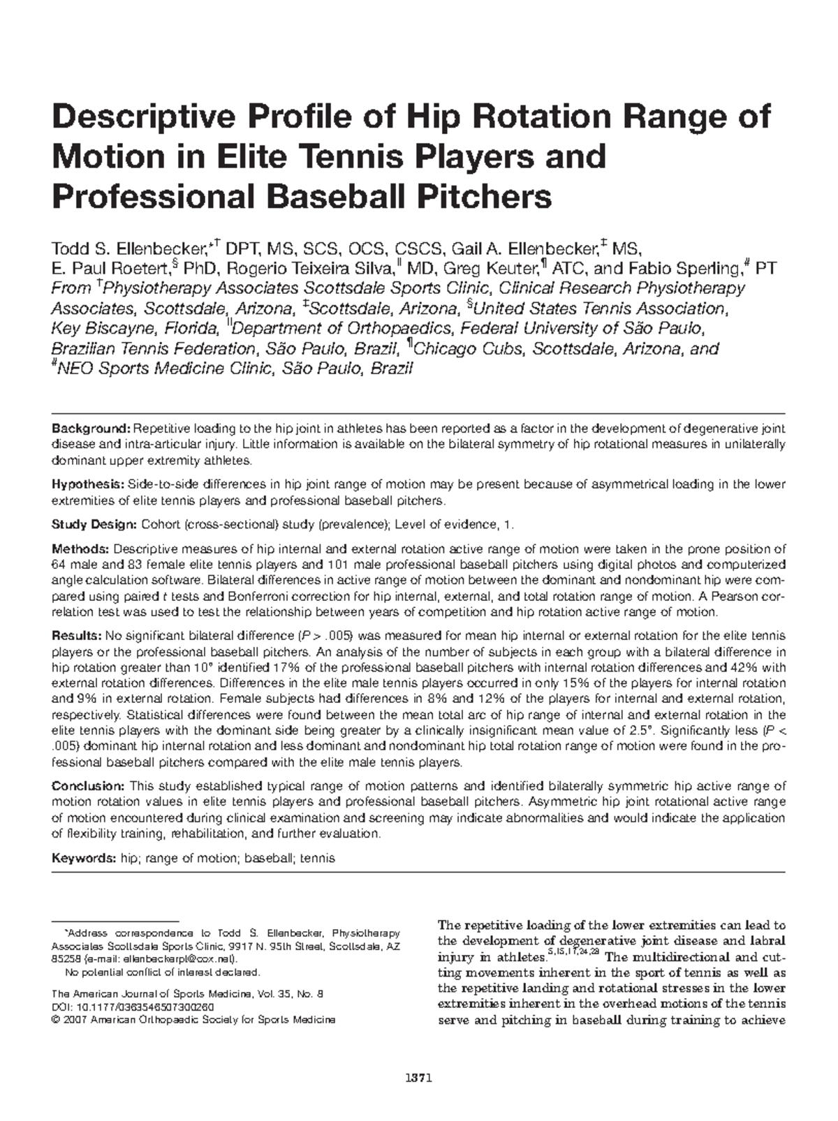 Descriptive Profile of Hip Rotation Range of Motion in Elite Tennis ...